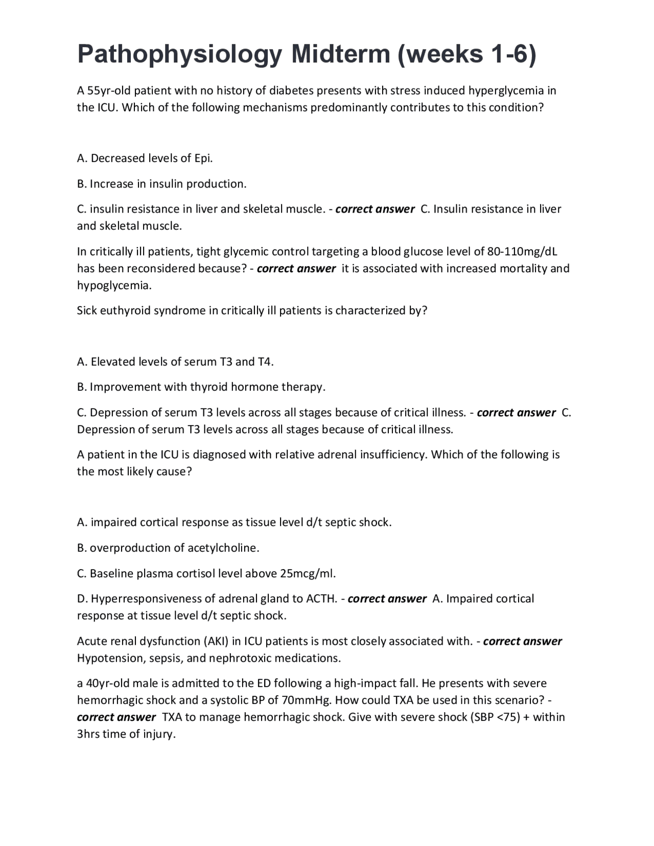Pathophysiology Midterm (Weeks 1-6): Multiple Choice Questions and ...