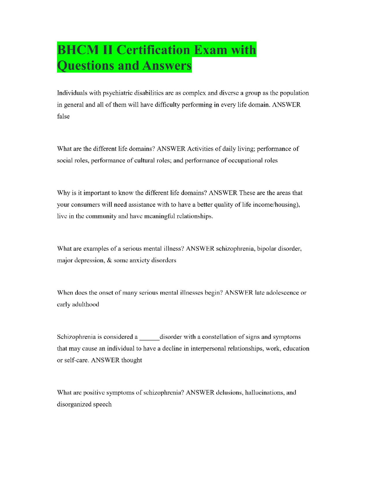 BHCM II Certification Exam with Questions and Answers | Exams Health ...