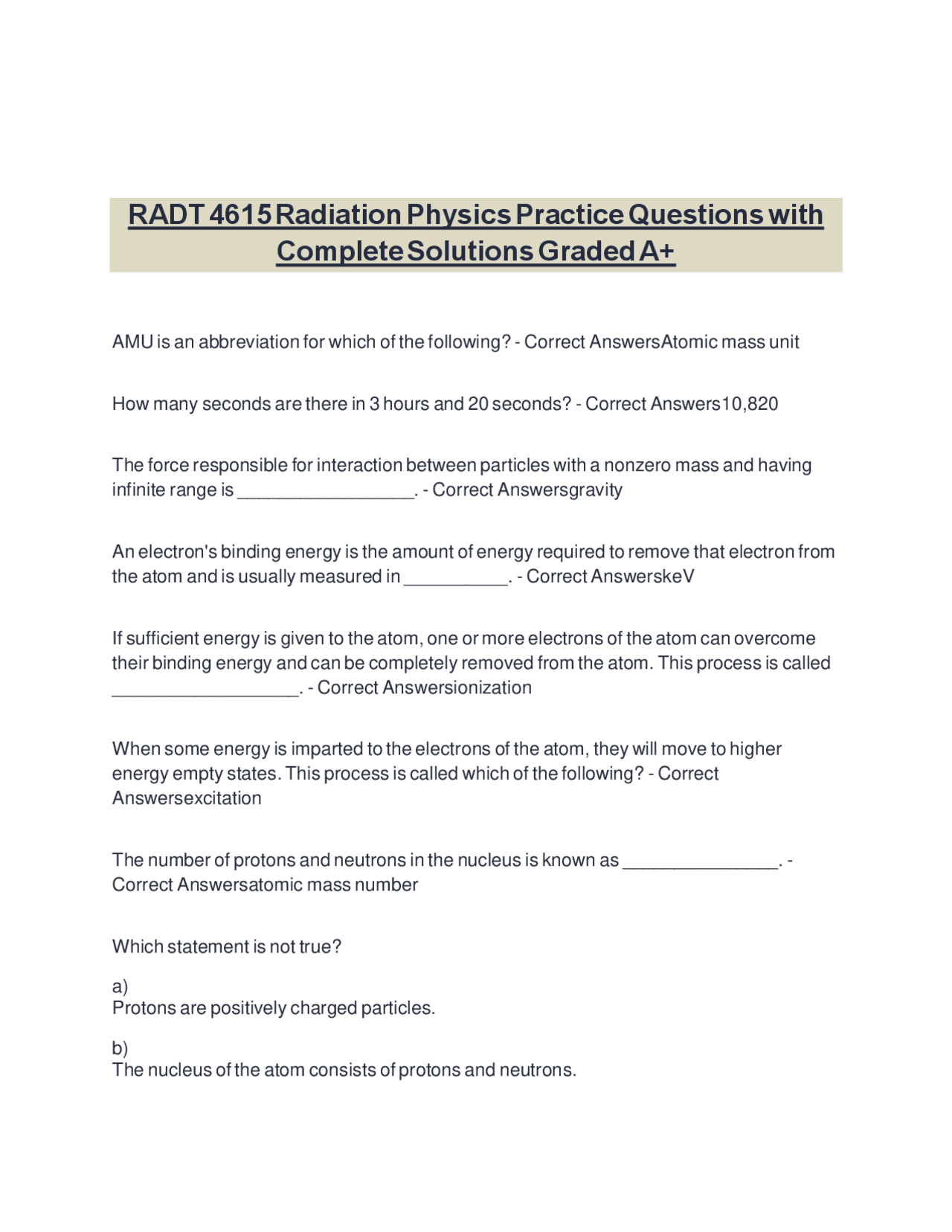 Radiation Physics Practice Questions with Complete Solutions | Exams Physics | Docsity