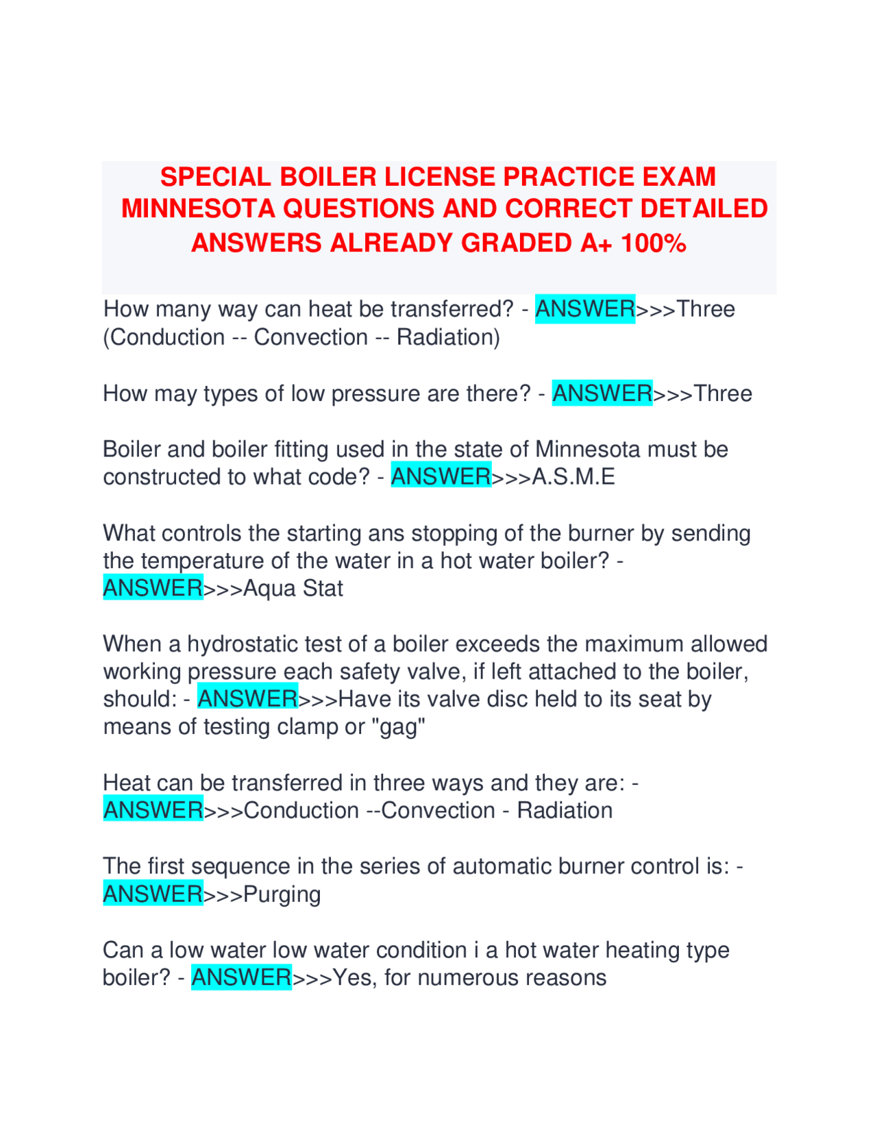 SPECIAL BOILER LICENSE PRACTICE EXAM MINNESOTA QUESTIONS AND CORRECT ...