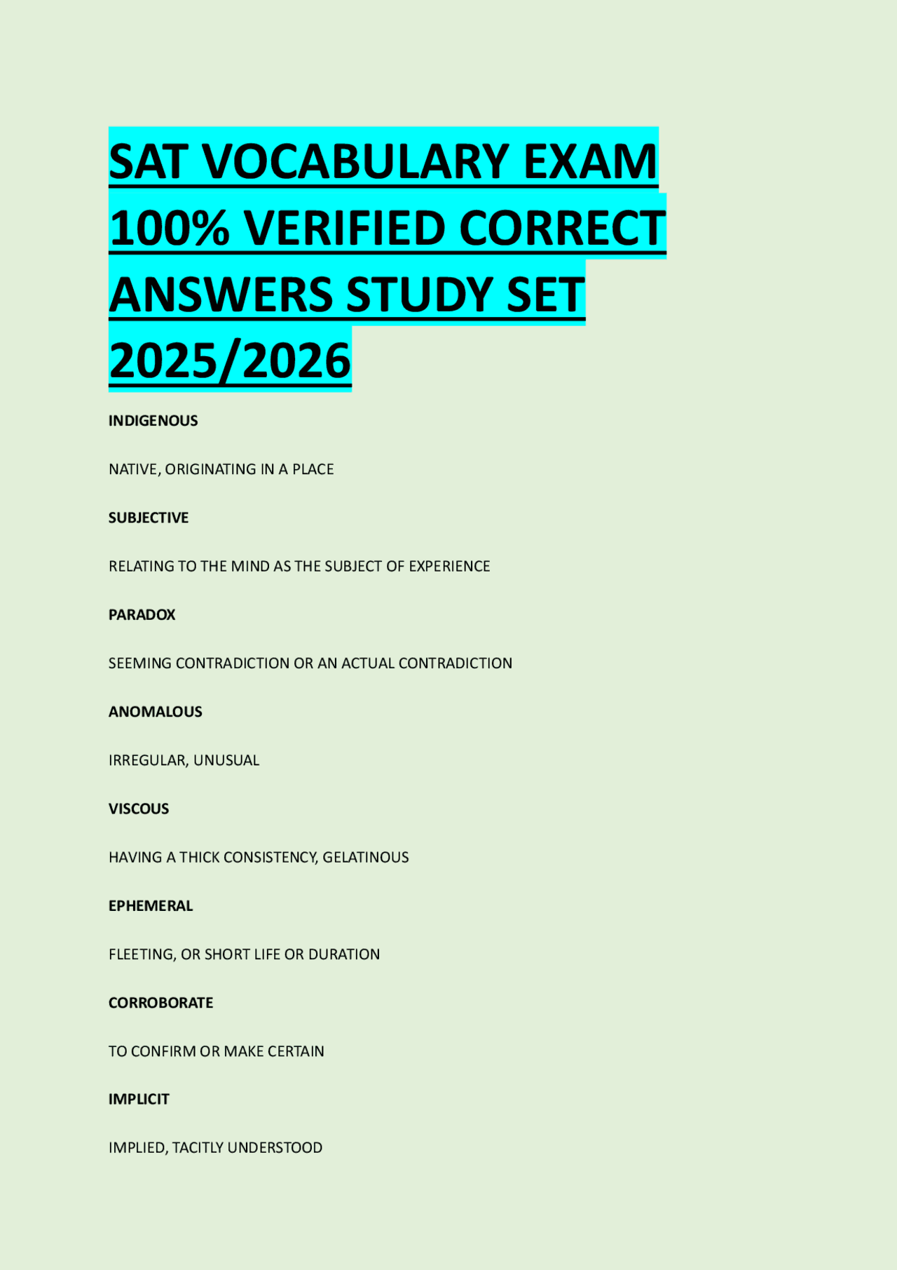 SAT VOCABULARY EXAM 100% VERIFIED CORRECT ANSWERS STUDY SET 2025/2026 ...