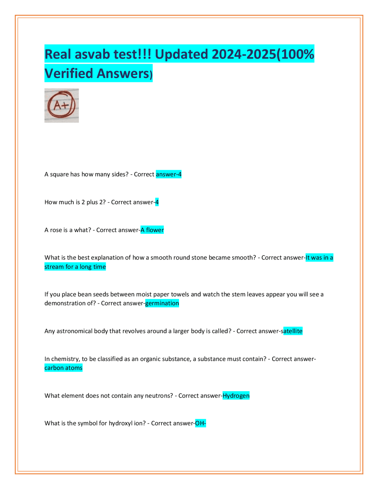 Real asvab test!!! Updated 2025-2024 (100% Verified Answers) | Exams ...