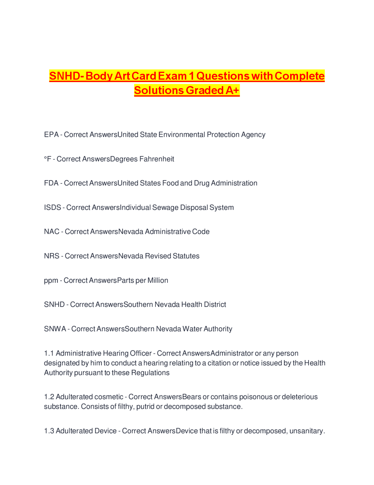 SNHD Body Art Card Exam 1 Questions and Answers | Exams Nursing | Docsity