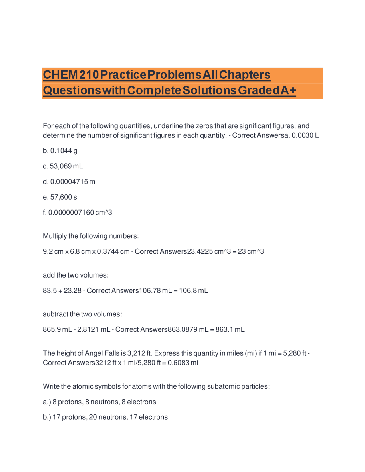CHEM 210 Practice Problems: All Chapters with Solutions | Exams ...
