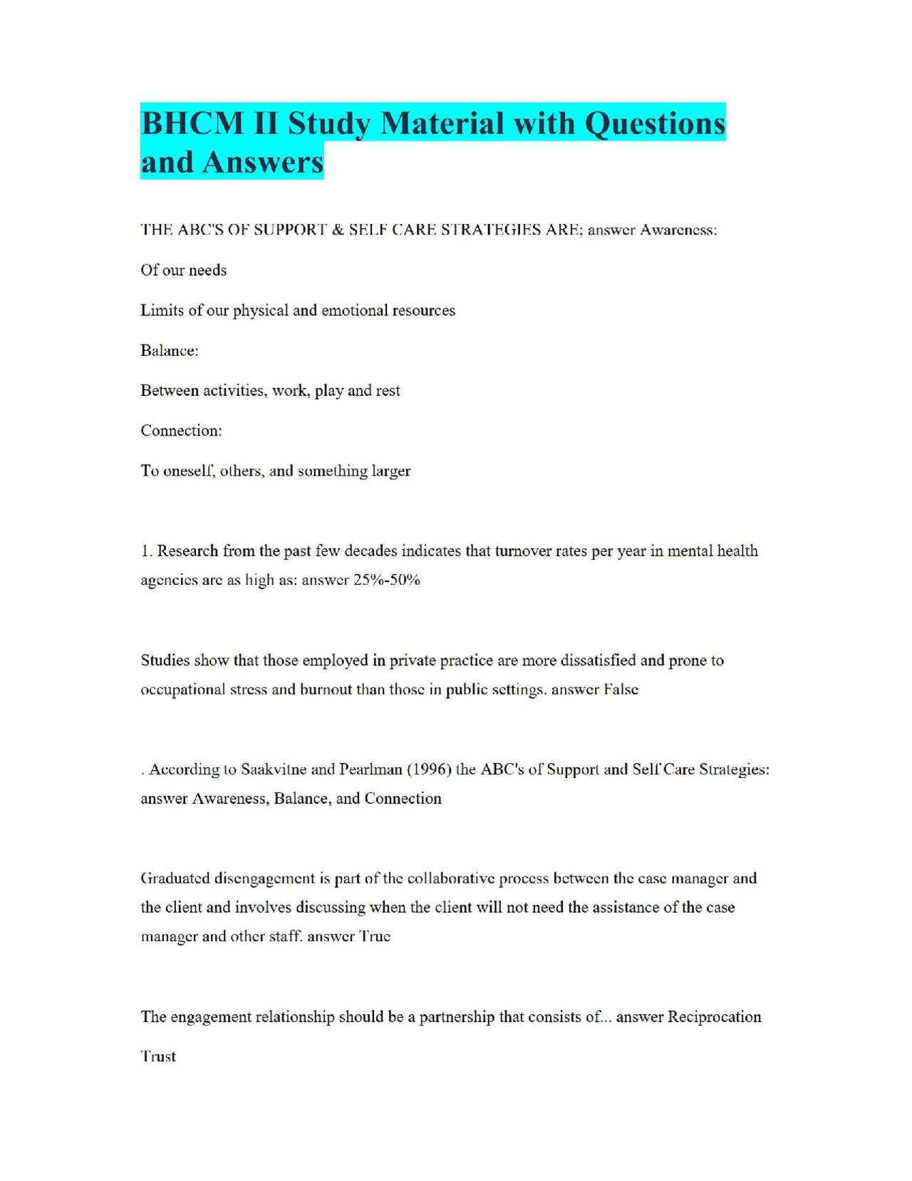 BHCM II Study Material with Questions and Answers | Exams Health ...