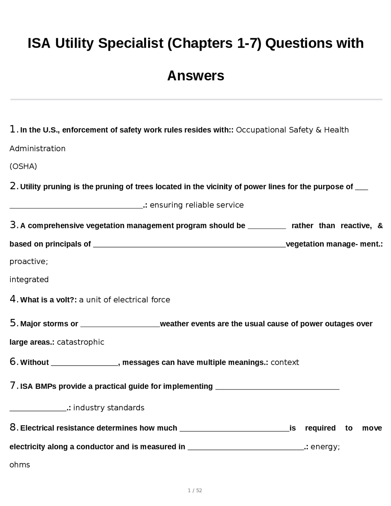 ISA Utility Specialist (Chapters 1-7) Questions and Answers | Exams ...