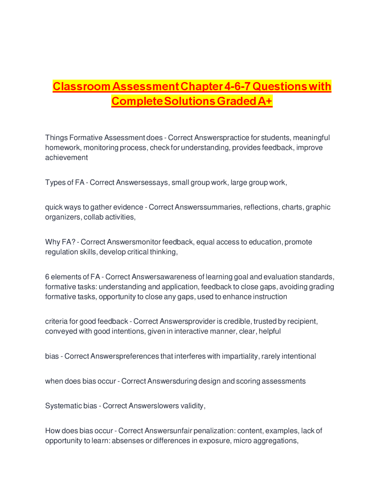 Classroom Assessment: Formative Assessment, Bias, Reliability, Validity ...