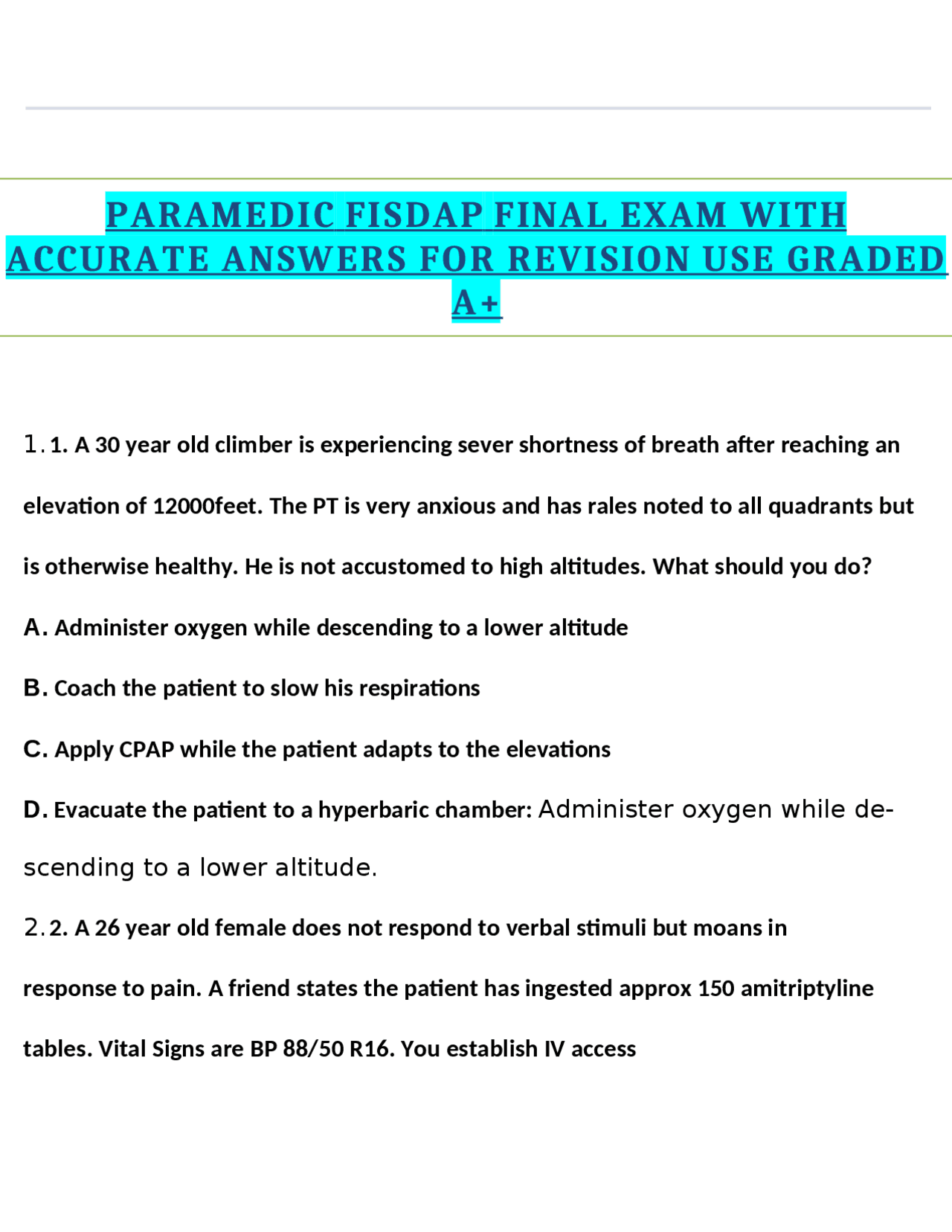 PARAMEDIC FISDAP FINAL EXAM WITH ACCURATE ANSWERS FOR REVISION USE ...
