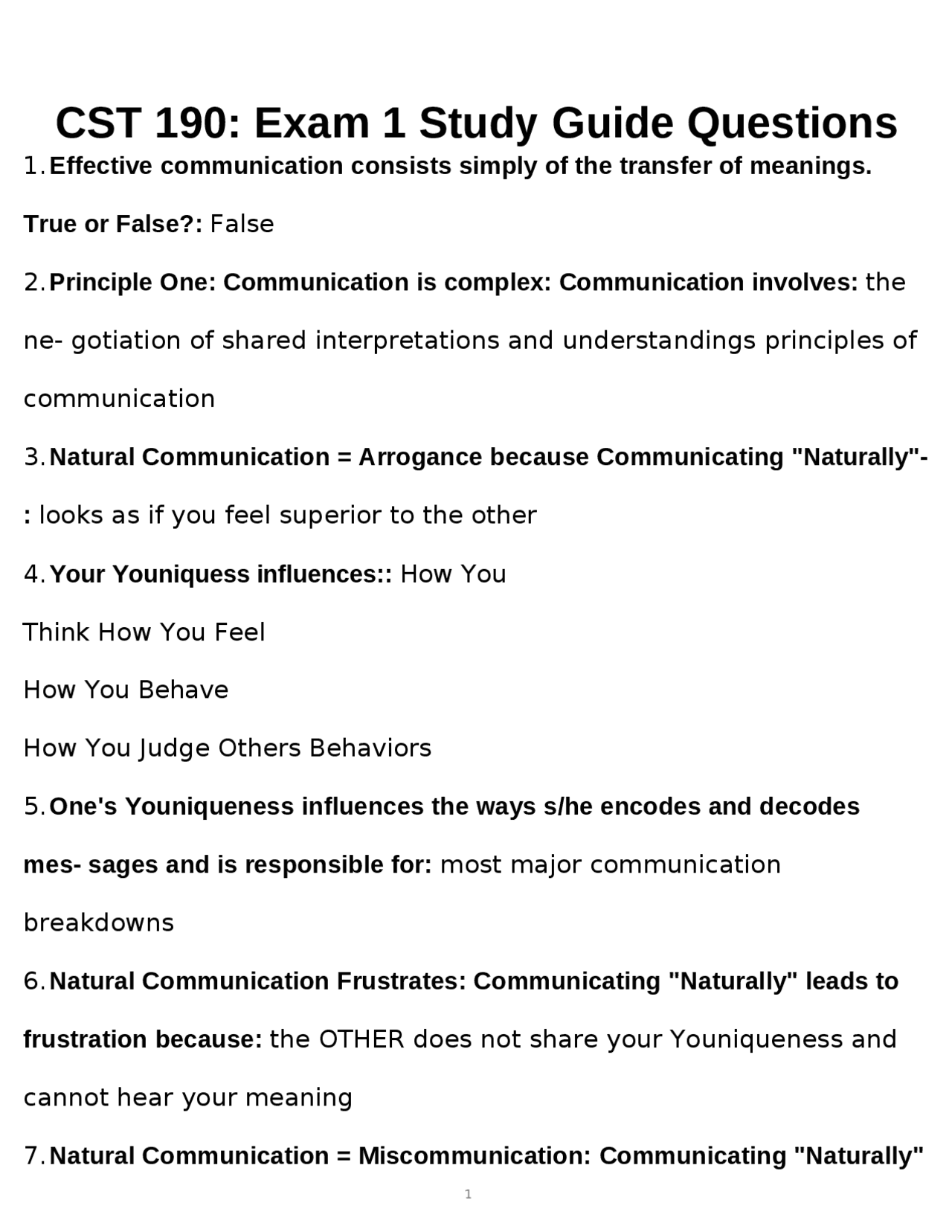 CST 190: Exam 1 Study Guide Questions and Answers | Exams Communication ...