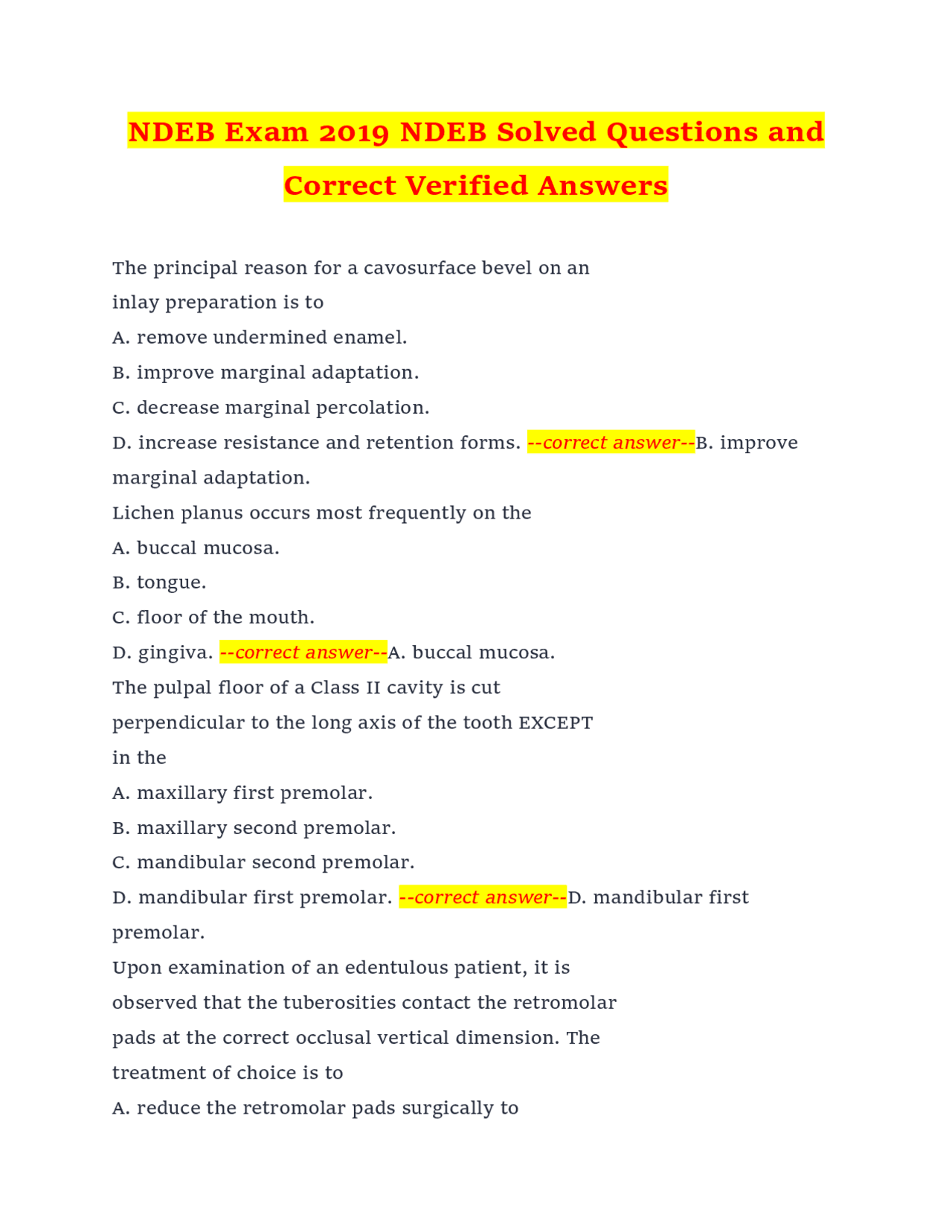 NDEB Exam 2019 NDEB Solved Questions and Correct Answers | Exams ...