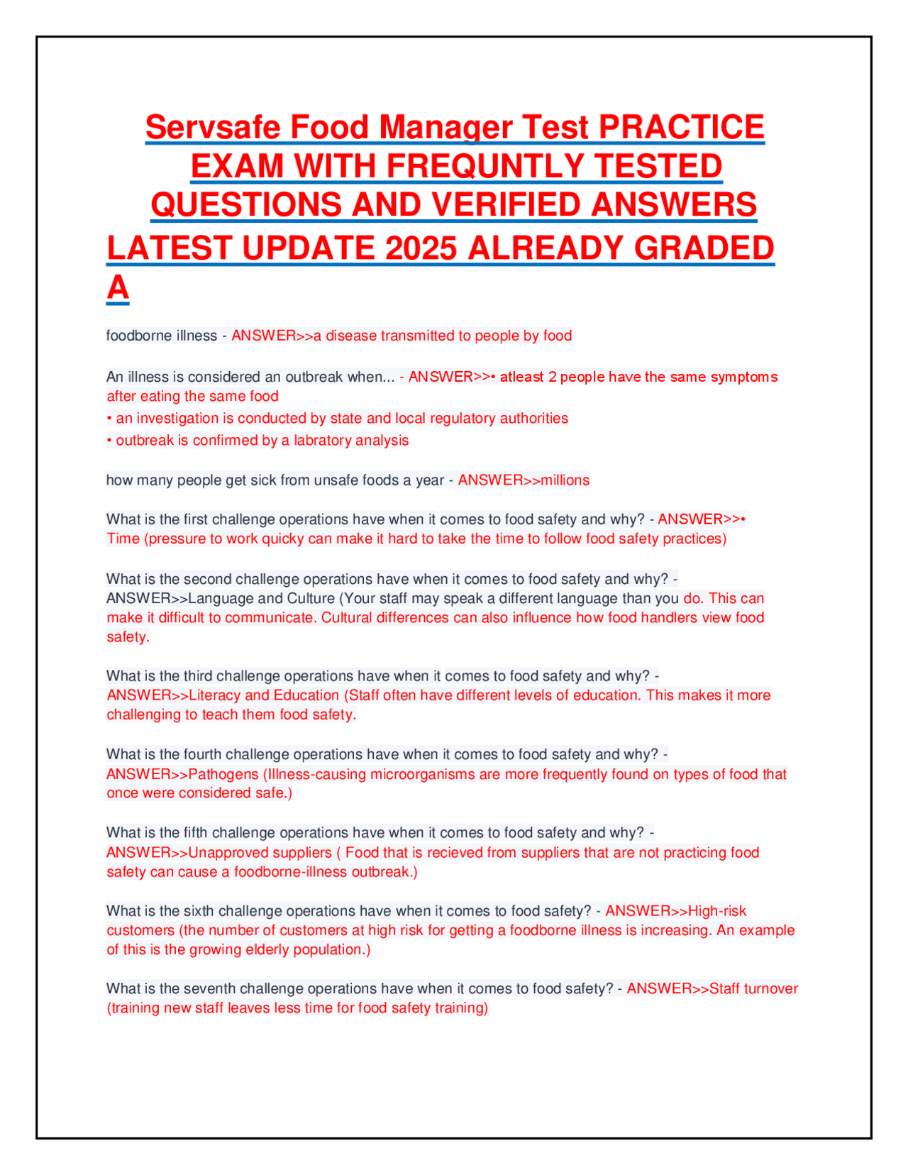 Servsafe Food Manager Test PRACTICE EXAM WITH FREQUNTLY TESTED ...