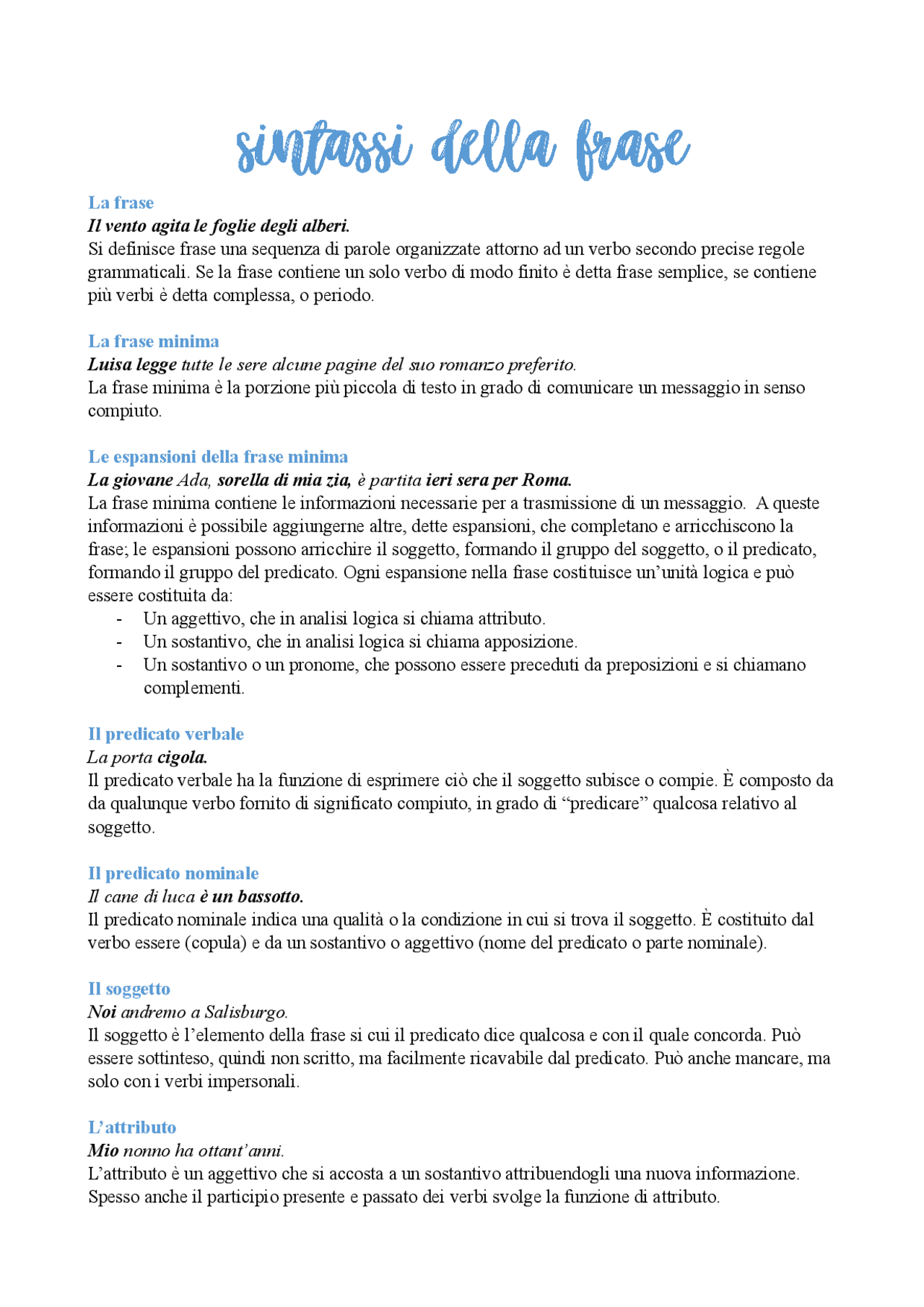 Riassunto Sintassi della Frase | Summaries Italian | Docsity