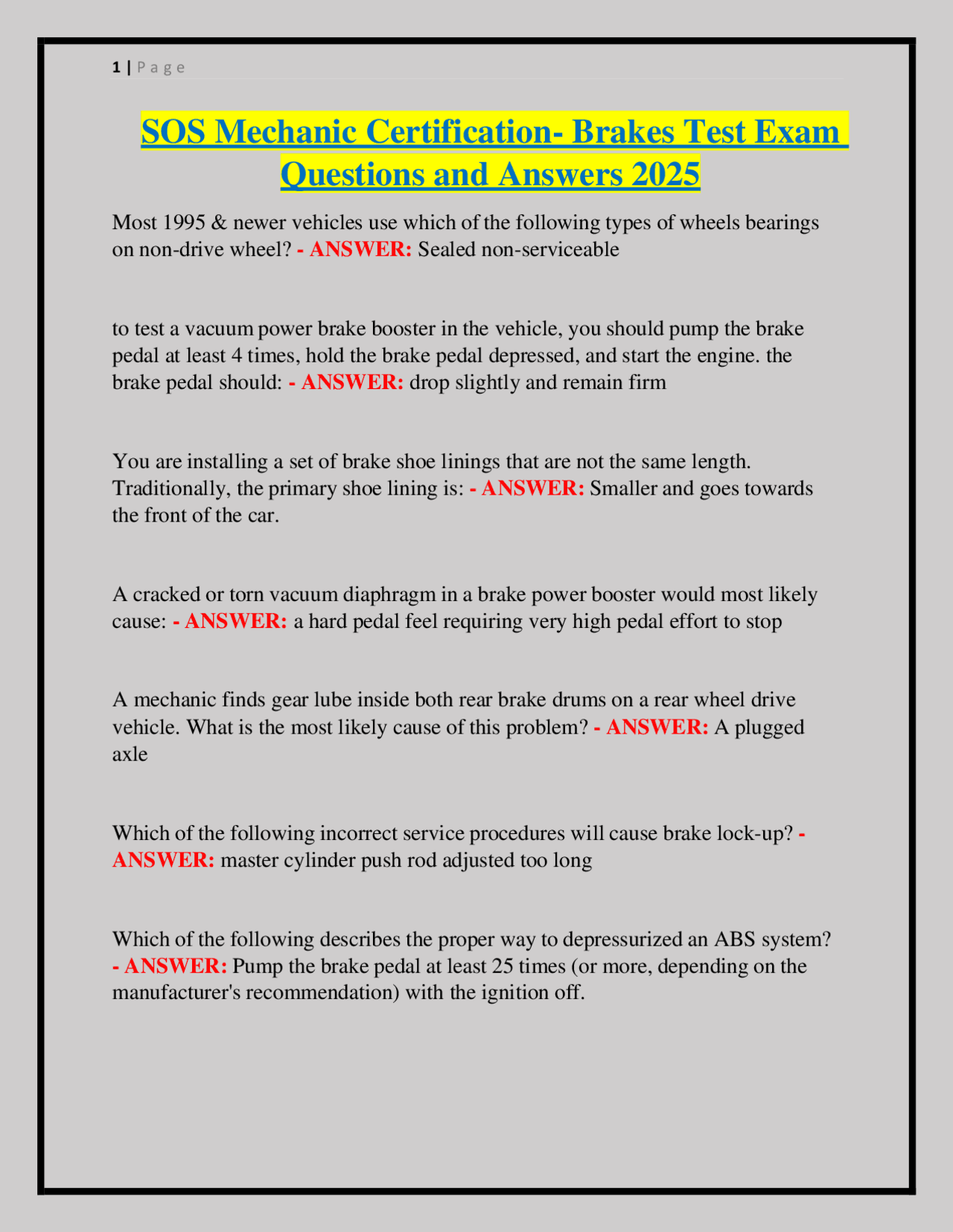 SOS Mechanic Certification - Brakes Test Exam: Questions and Answers ...