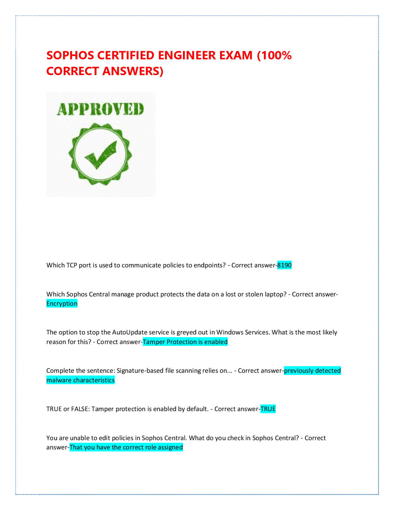 SOPHOS CERTIFIED ENGINEER EXAM (100% CORRECT ANSWERS) | Exams Engineering | Docsity