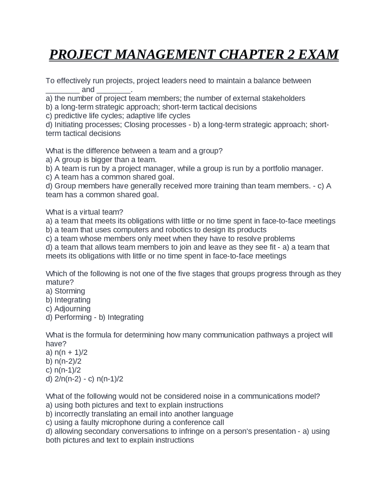 Project Management Chapter 2 Exam: Multiple Choice Questions and ...