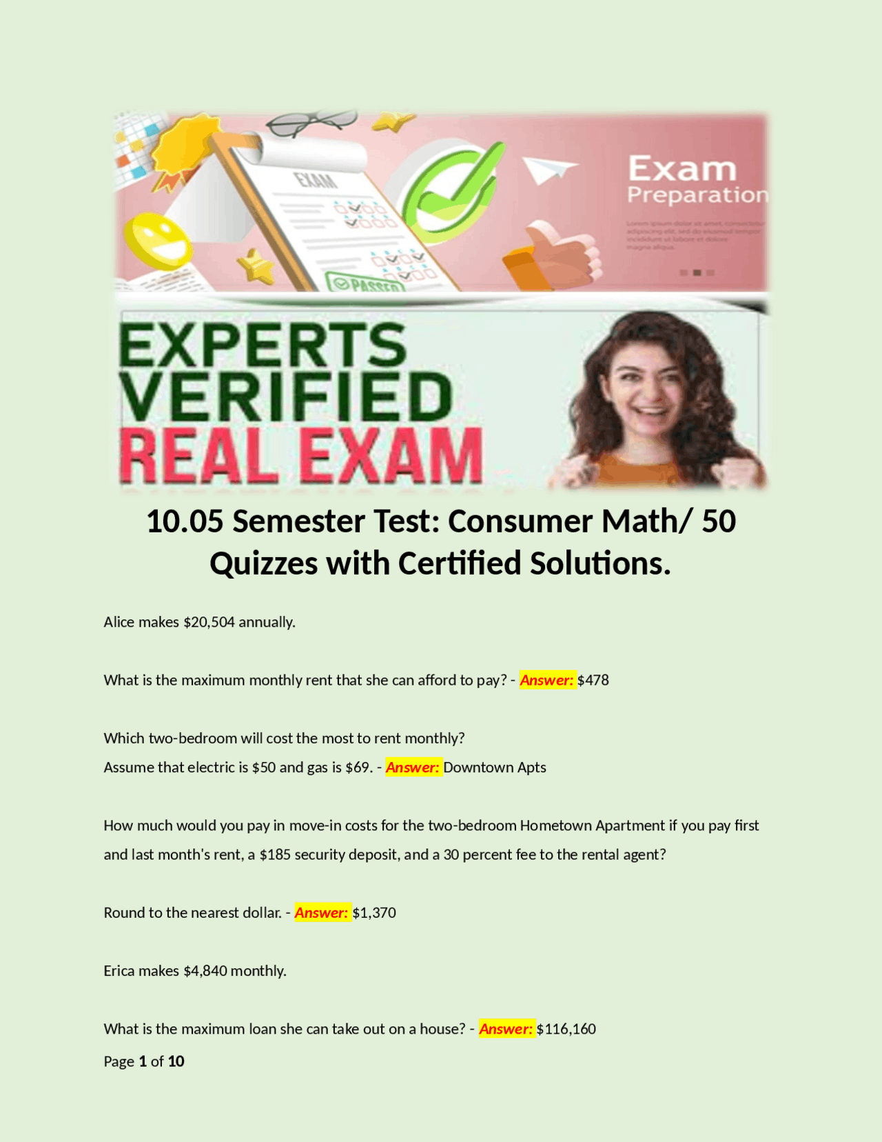 10.05 Semester Test: Consumer Math/ 50 Quizzes with Certified Solutions ...