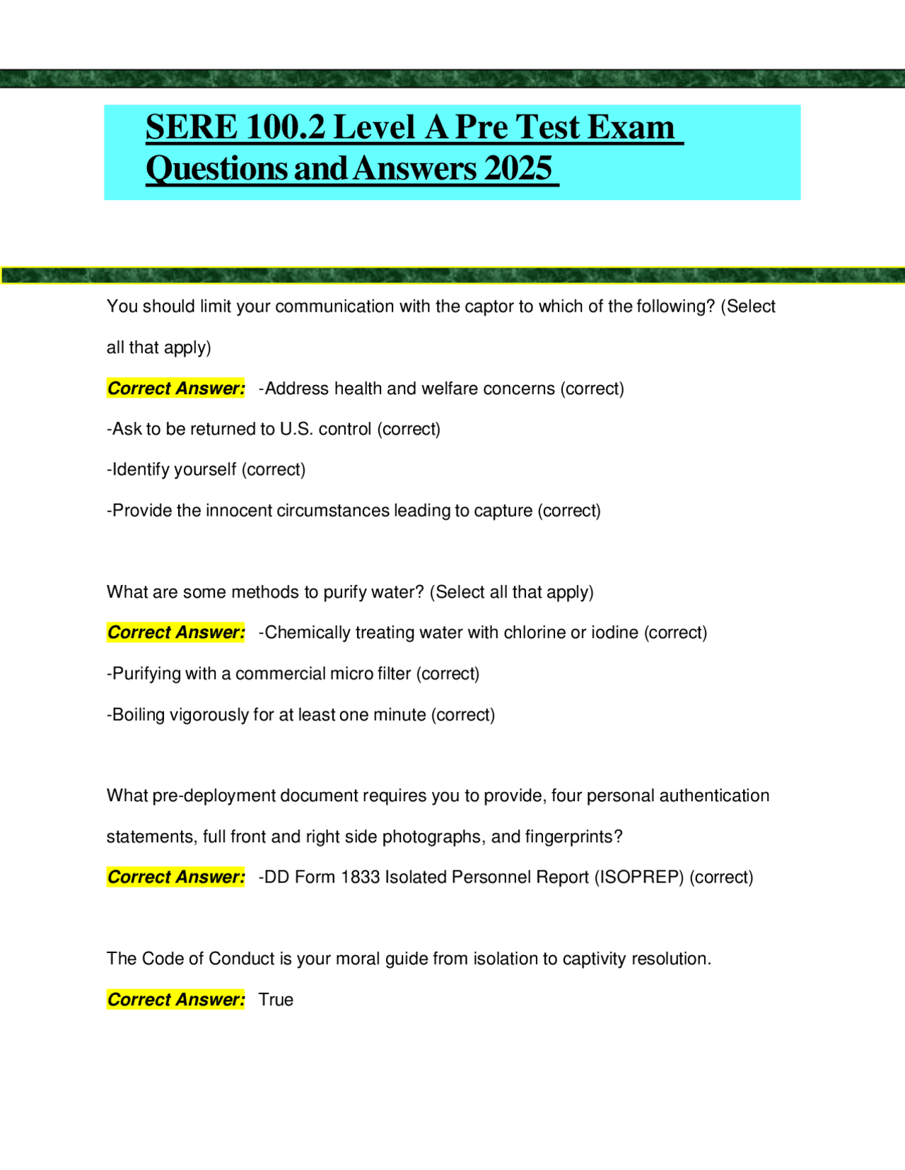 Sere 100.2 Level A Pere Test Exam Questions and Answers 2025 | Exams ...