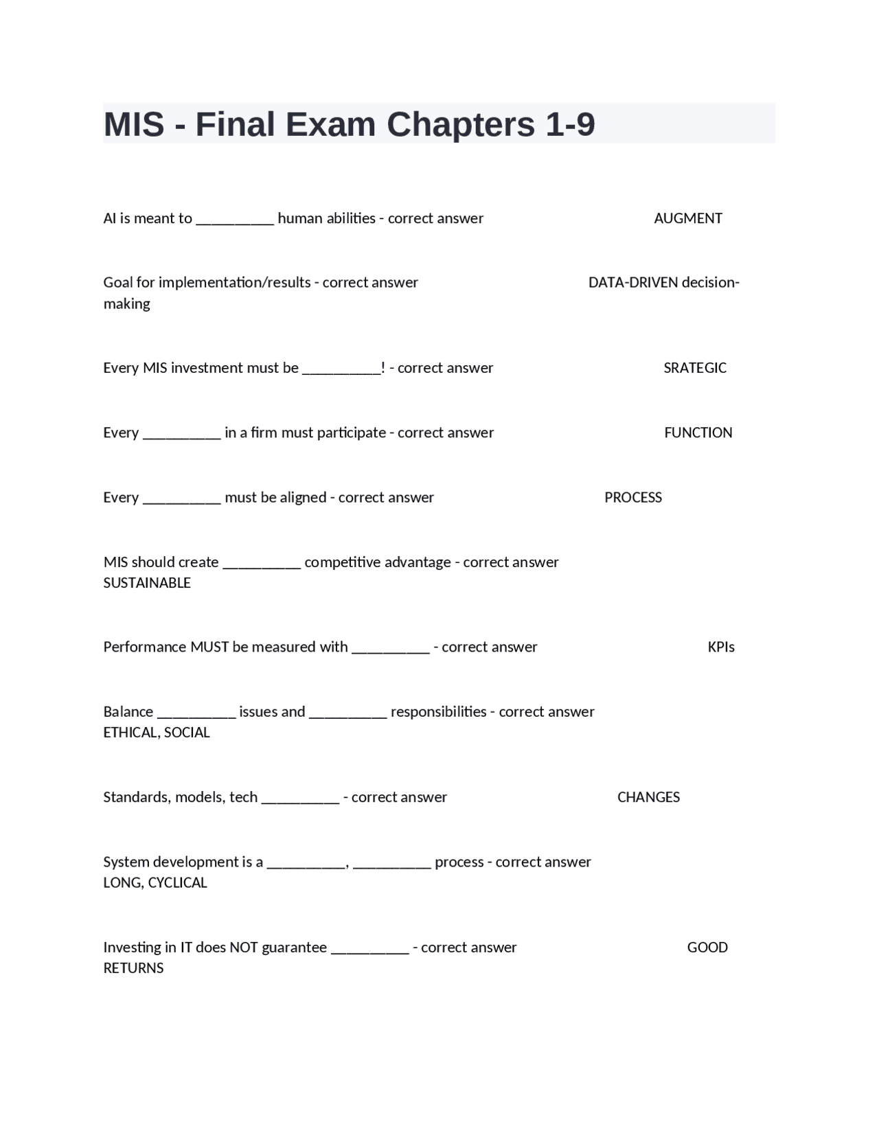 MIS - Final Exam Chapters 1-9: Questions and Answers | Exams Nursing | Docsity