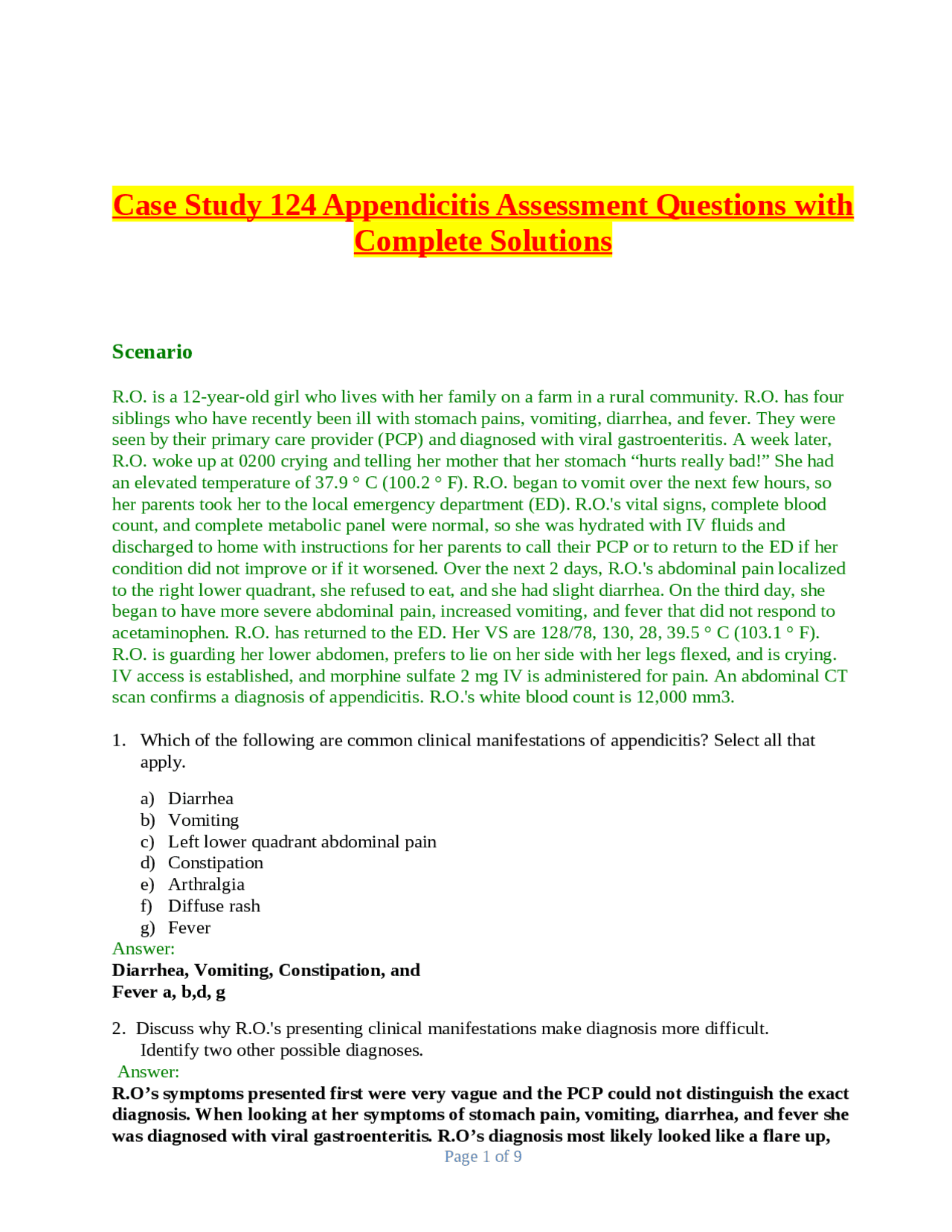 Case Study 124 Appendicitis Assessment Questions with Complete Solutions | Exams Nursing | Docsity