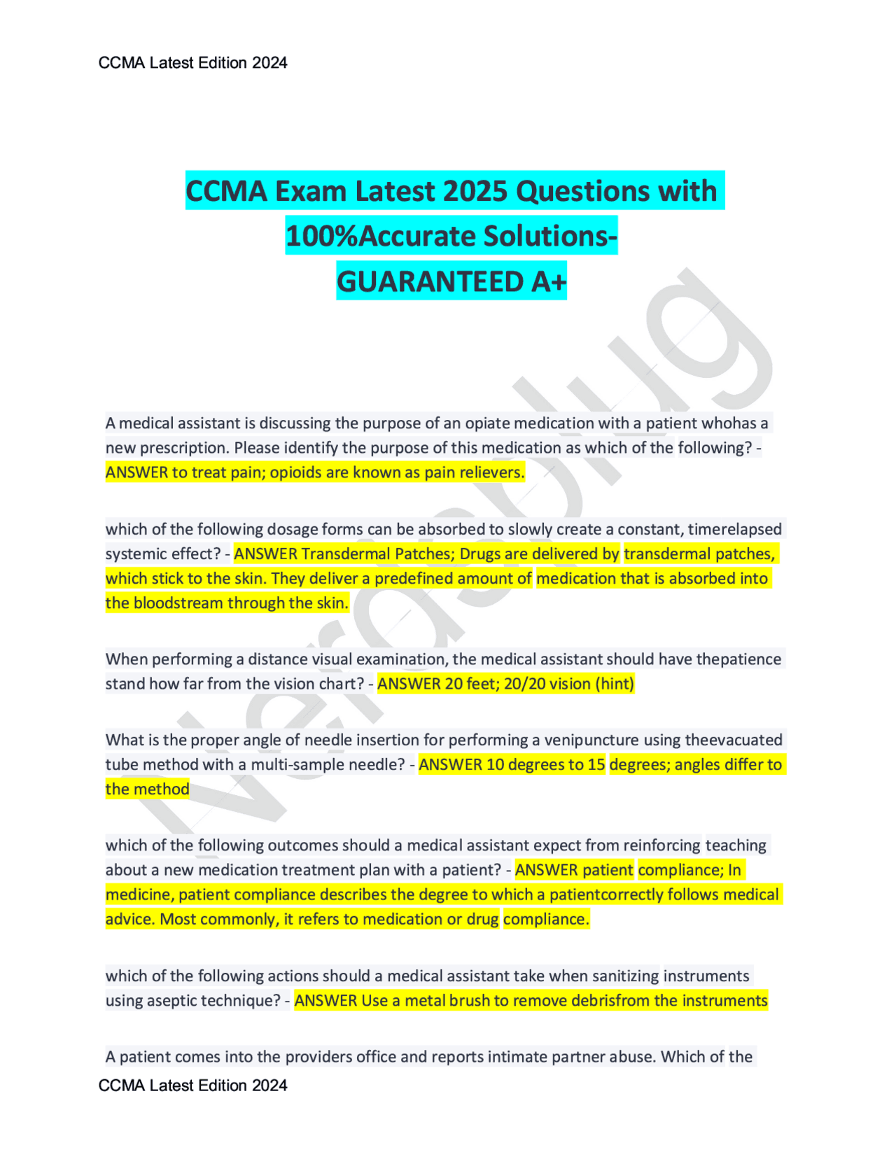 CCMA Exam Latest 2025 Questions with 100%Accurate Solutions- GUARANTEED ...