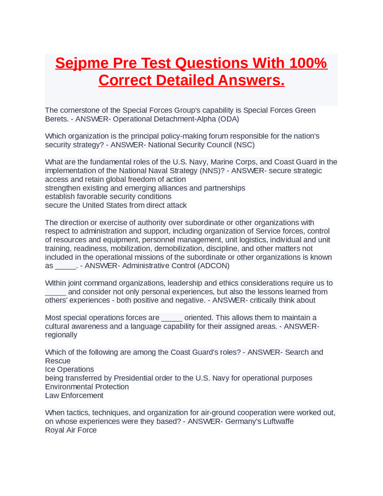 Sejpme Pre Test Questions With 100% Correct Detailed Answers. | Exams ...