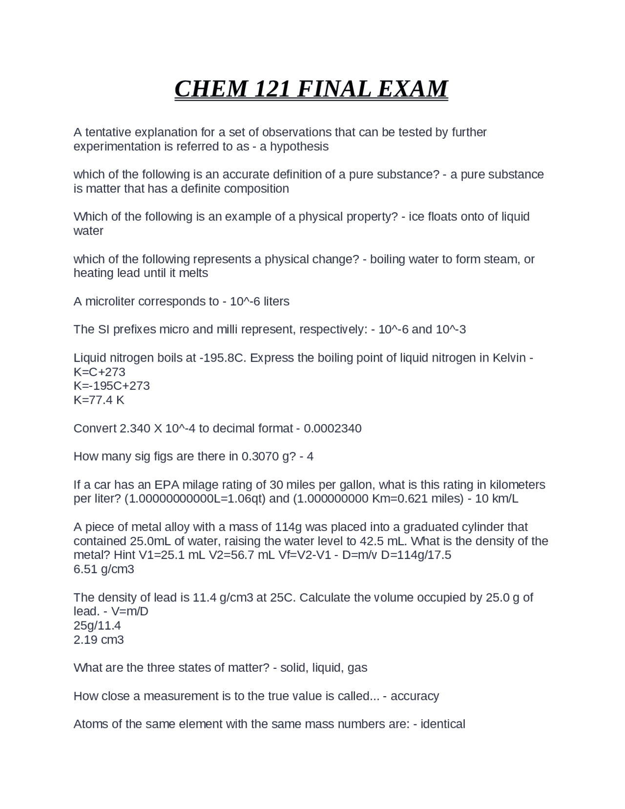 CHEM 121 Final Exam: Chemistry Concepts and Calculations | Exams ...