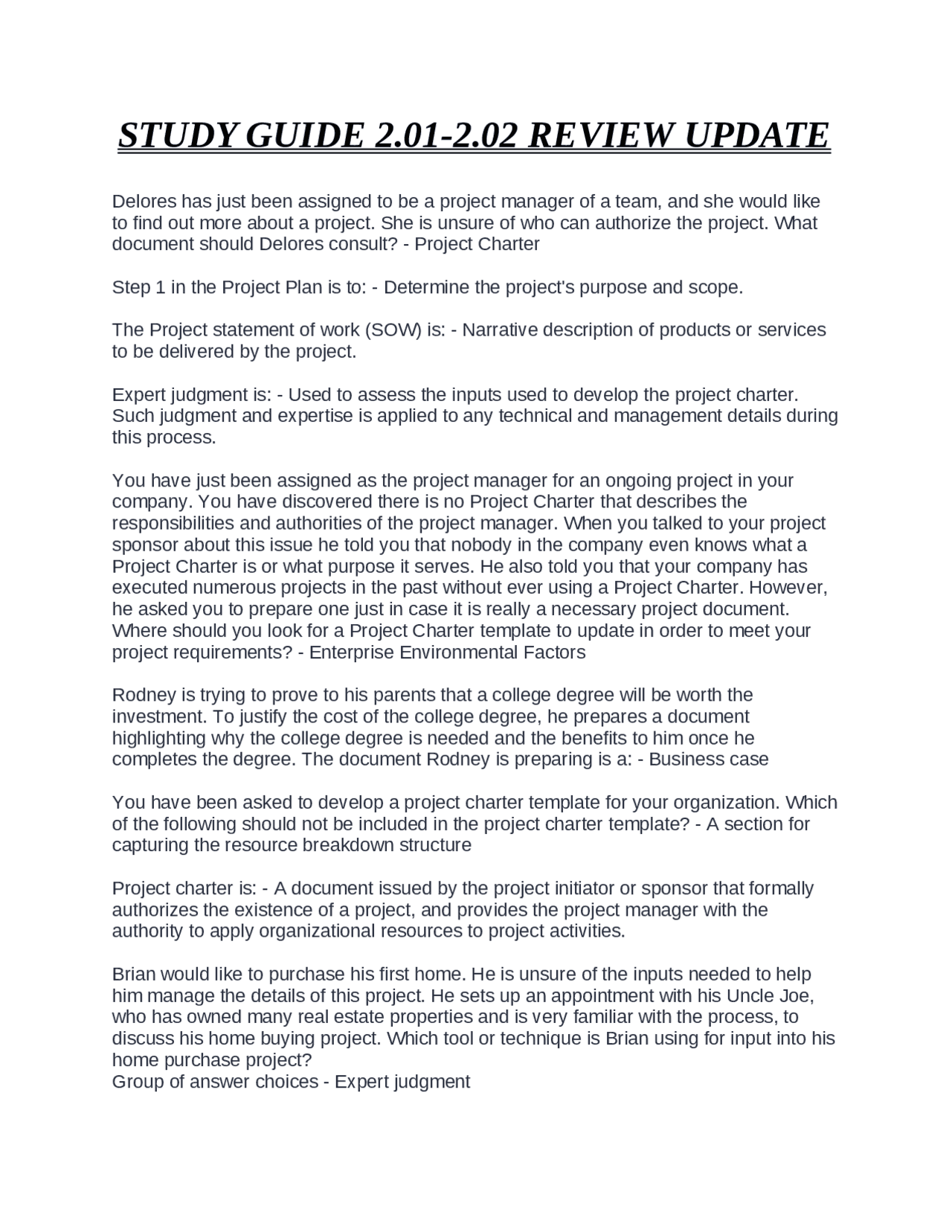 Project Management Study Guide: Key Concepts and Exercises | Exams ...