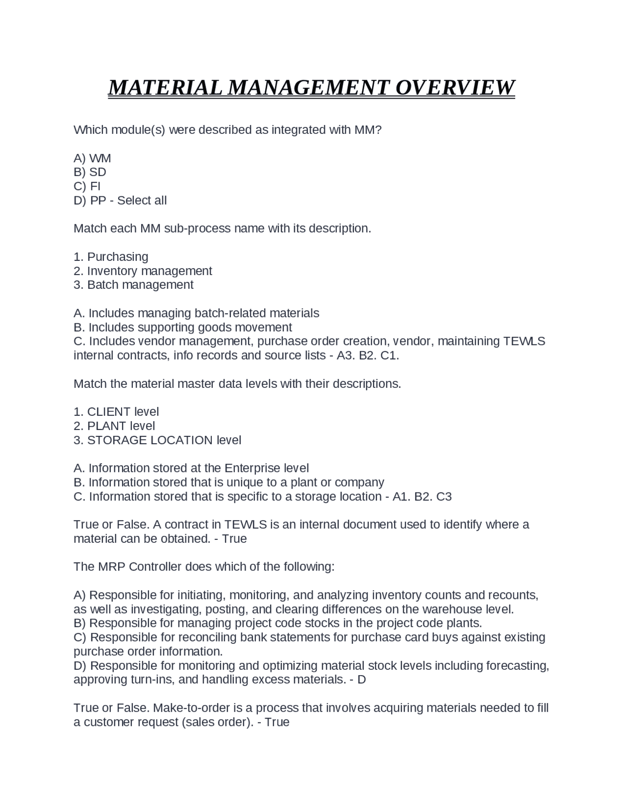 Material Management Overview: Exercises and Questions | Exams Advanced ...