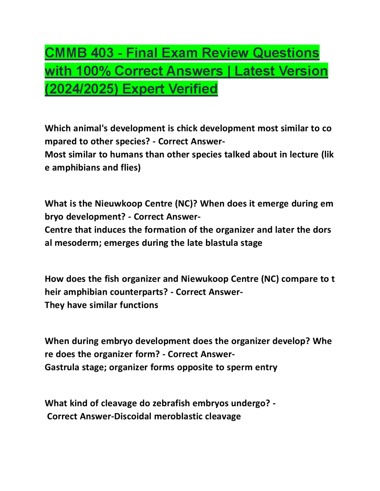 CMMB 403 - Final Exam Review Questions with Answers: Zebrafish and ...