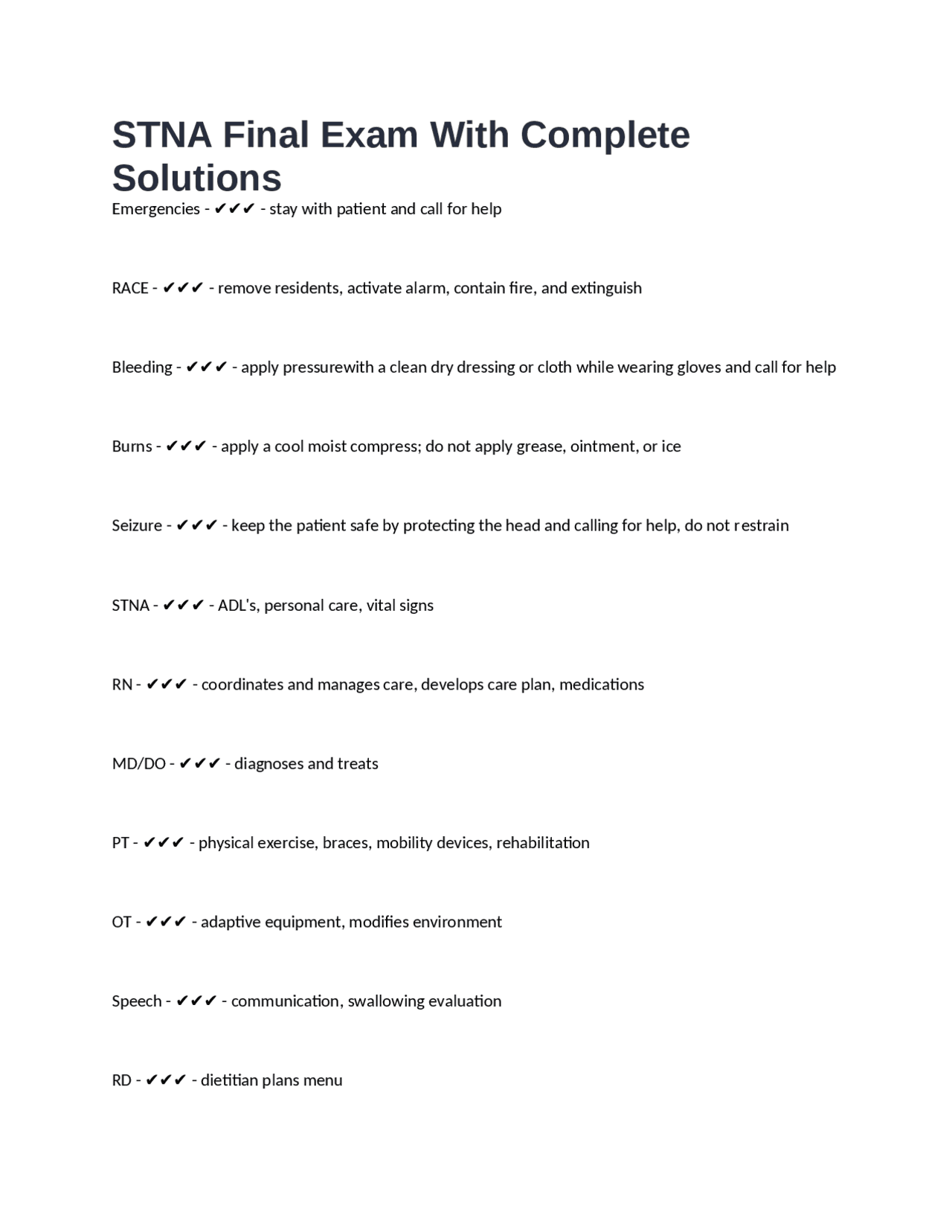 STNA Final Exam Review: Key Concepts and Procedures | Exams Nursing ...