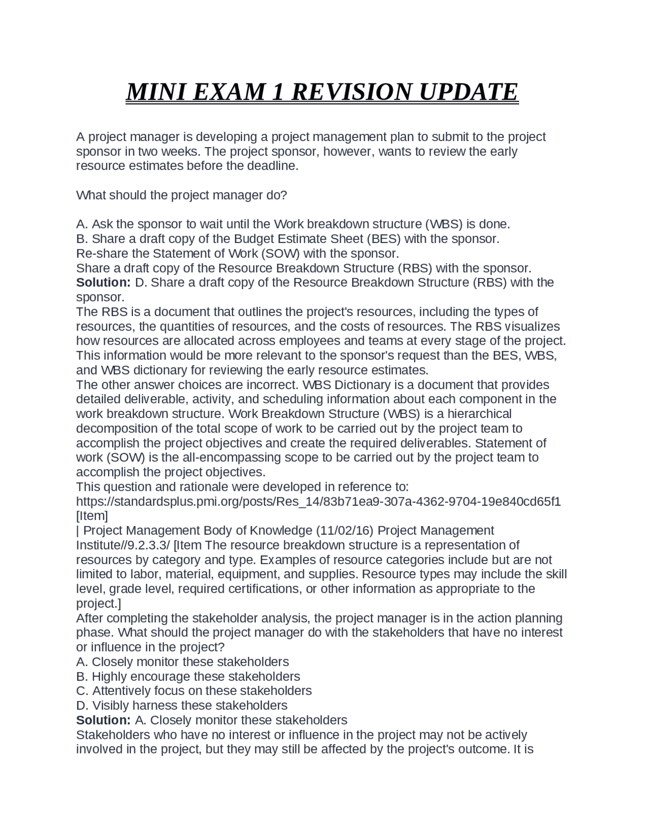 Project Management Mini Exam 1 Revision: Multiple Choice Questions and ...