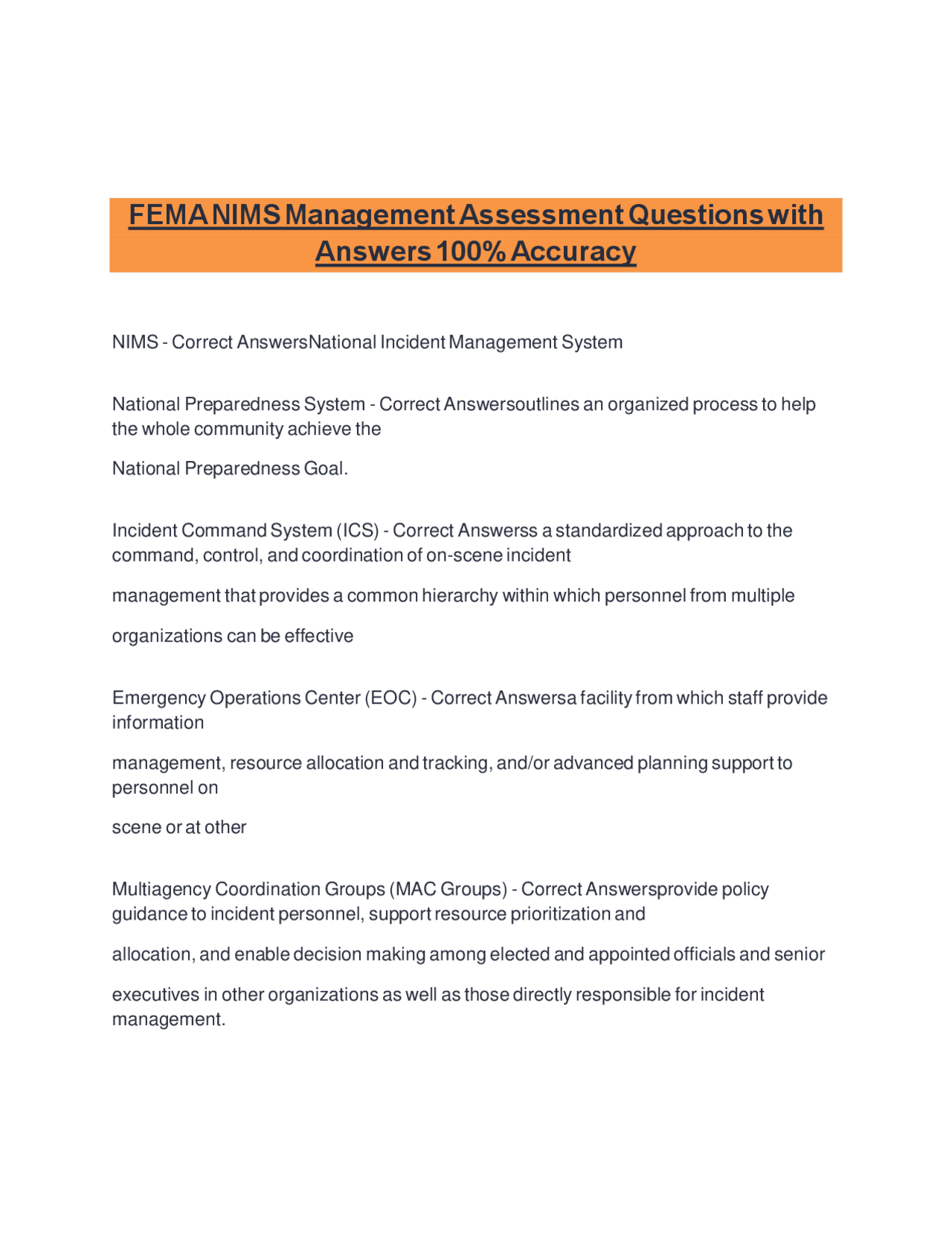FEMA NIMS Management Assessment Questions and Answers | Exams Human ...