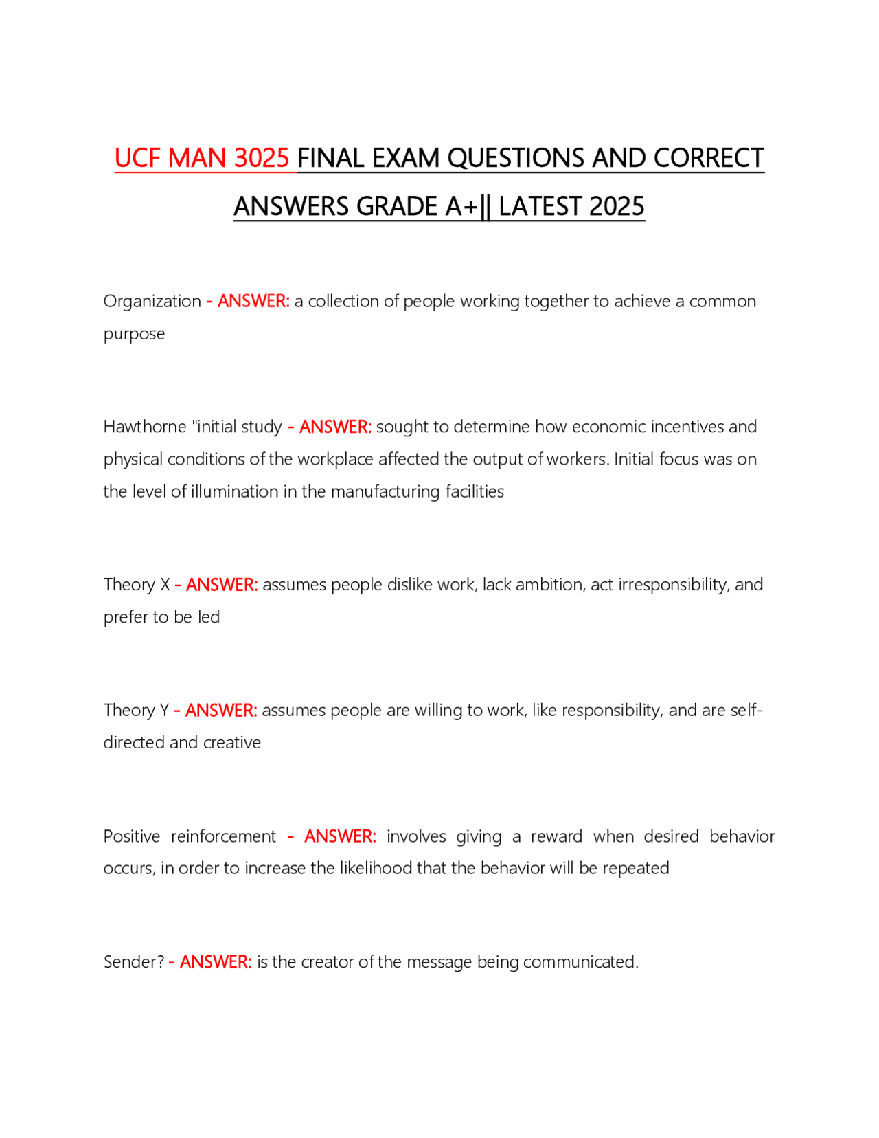 UCF MAN 3025 FINAL EXAM QUESTIONS AND CORRECT ANSWERS GRADE A+|| LATEST ...