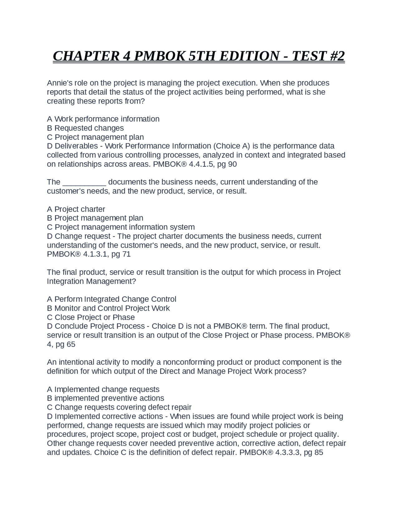 CHAPTER 4 PMBOK 5TH EDITION - TEST #2 | Exams Advanced Education | Docsity
