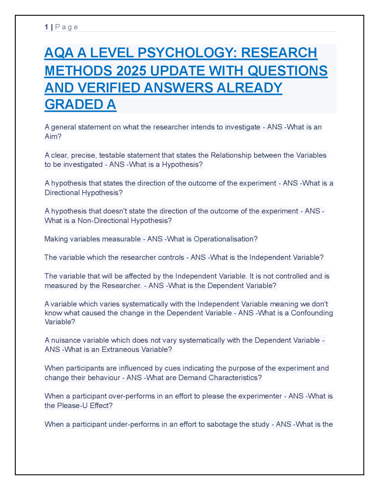 AQA A LEVEL PSYCHOLOGY: RESEARCH METHODS 2025 UPDATE WITH QUESTIONS AND ...