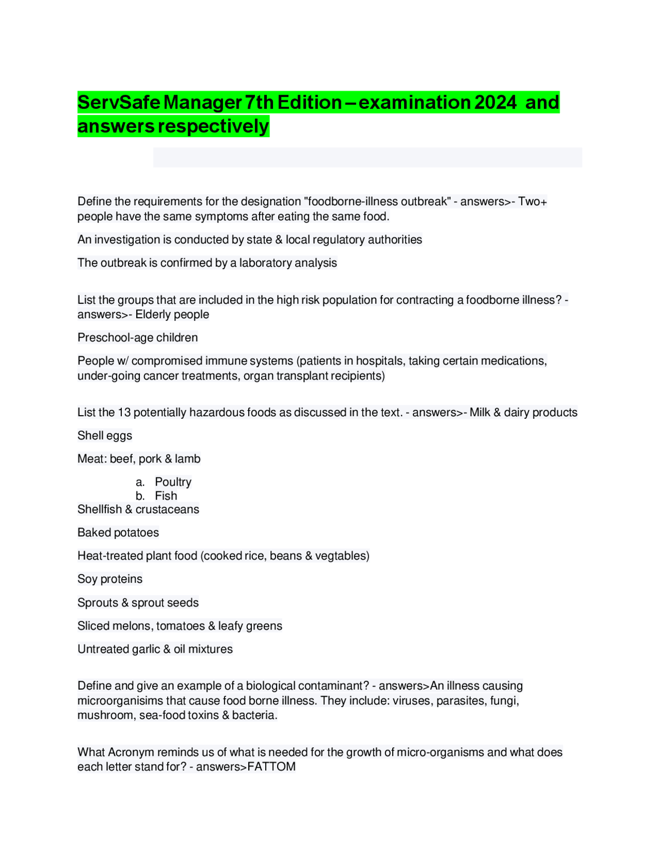 ServSafe Manager 7th Edition Exam Questions and Answers | Exams ...