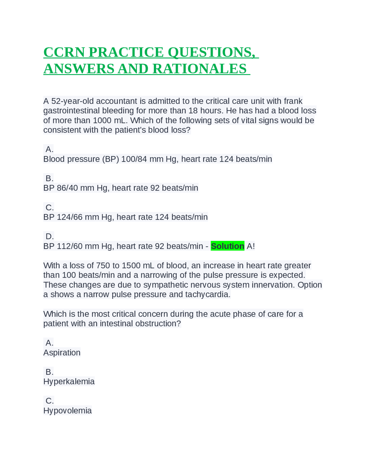 CCRN Practice Questions, Answers and Rationales | Exams Nursing | Docsity