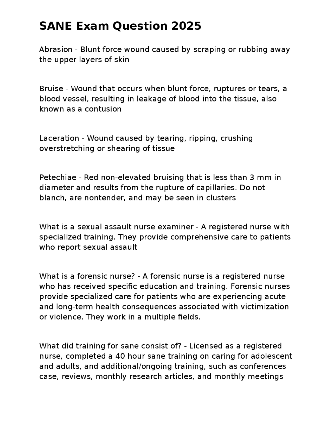 Forensic Nursing: SANE Exam Questions and Answers | Exams Nursing | Docsity