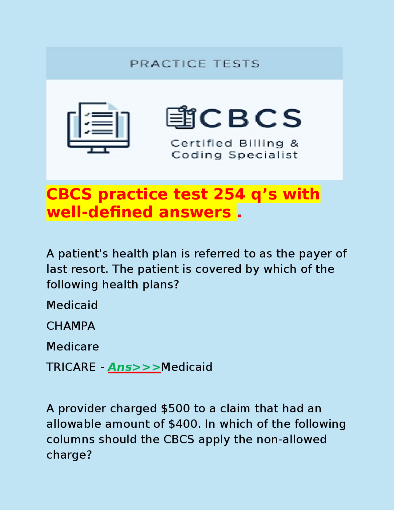 CBCS Practice Exam #3 questions with accurate solutions graded a plus | Exams Nursing | Docsity