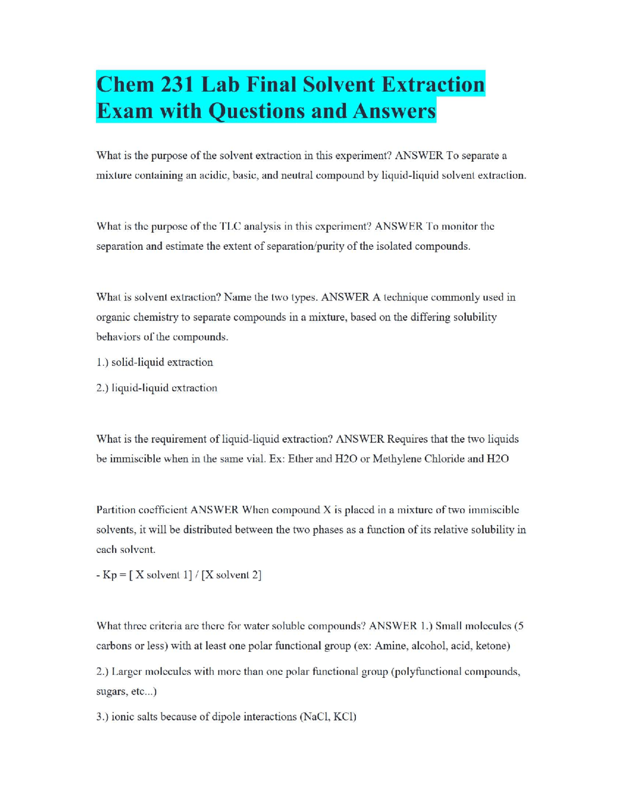 Chem 231 Lab Final Solvent Extraction Exam with Questions and Answers | Exams Chemistry | Docsity