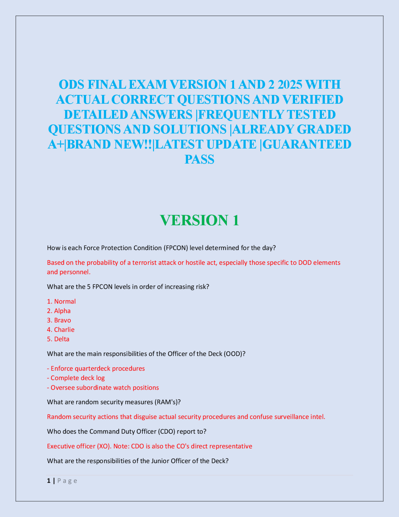 ODS FINAL EXAM VERSION 1 AND 2 2025 | Exams Service Management | Docsity