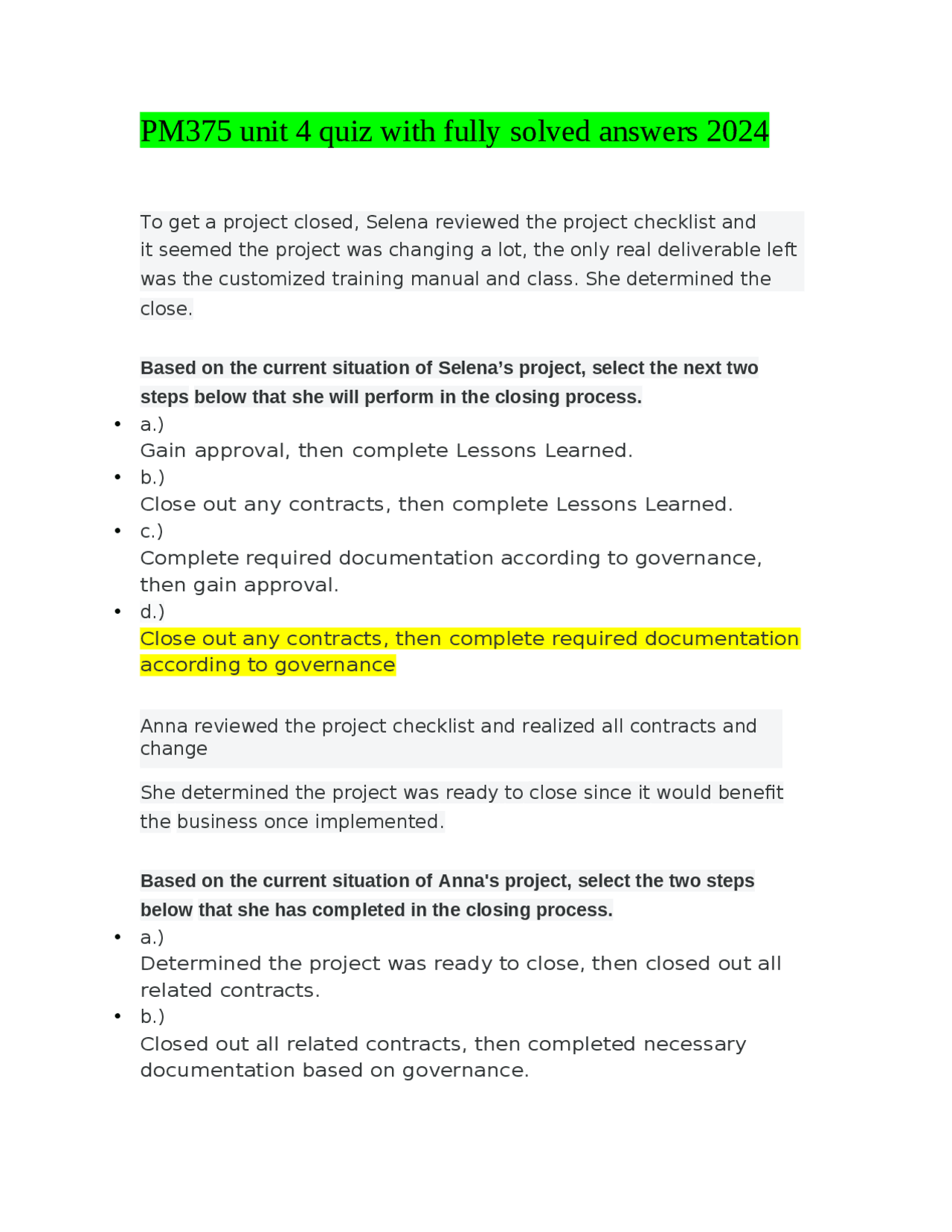 Project Management Quiz: Closing Process and Issues | Exams Project ...