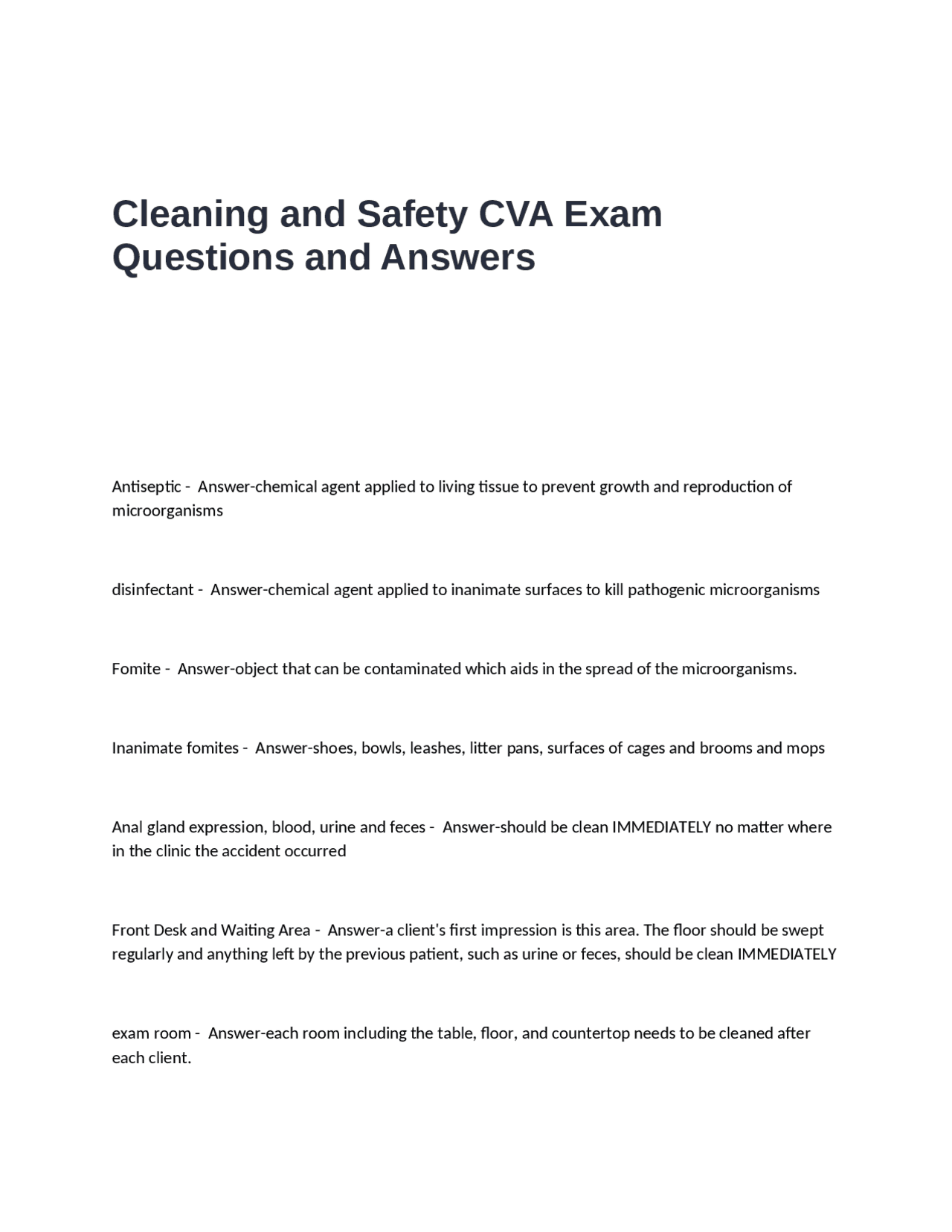 Cleaning and Safety CVA Exam Questions and Answers | Exams Nursing ...