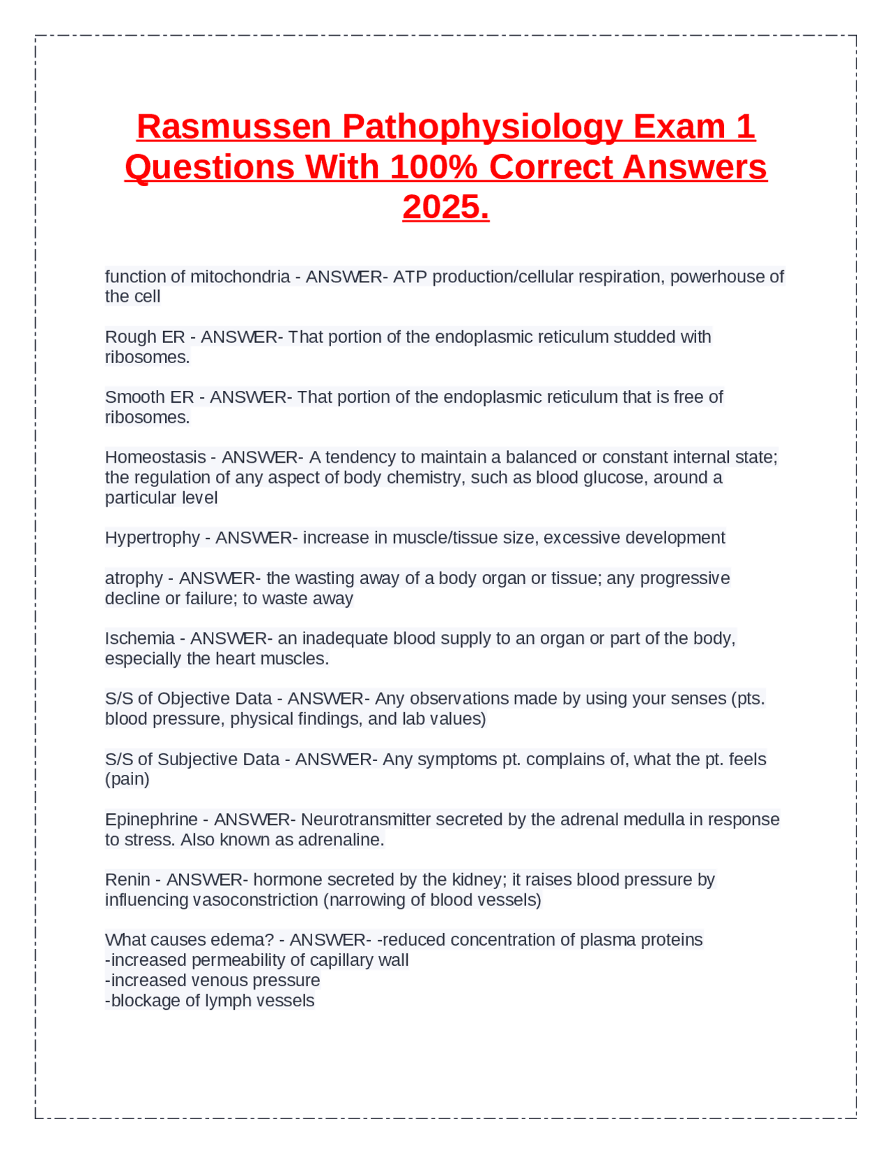 Rasmussen Pathophysiology Exam 1 Questions With 100% Correct Answers 2025. | Exams Advanced ...