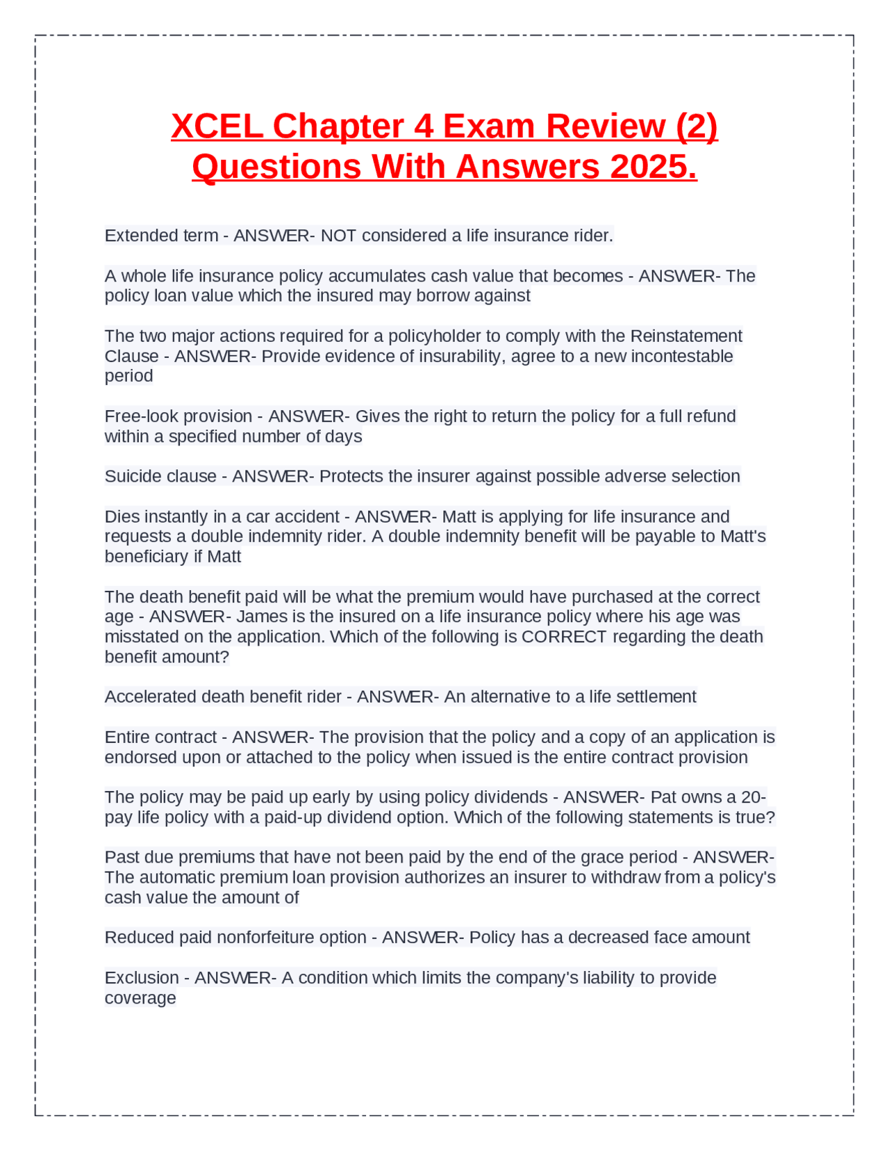 XCEL Chapter 4 Exam Review: Life Insurance Concepts and Terms | Exams ...