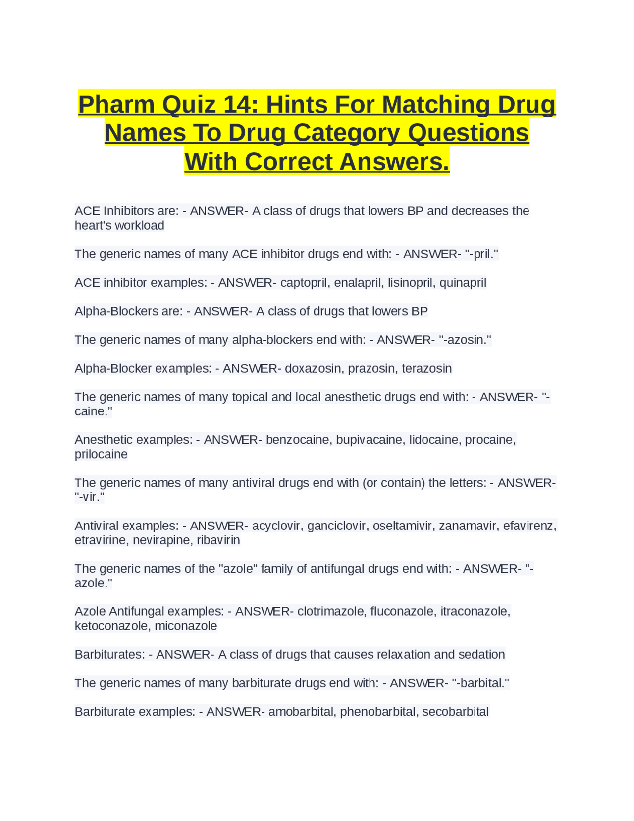 Pharmacology Quiz 14: Hints for Matching Drug Names to Drug Category ...