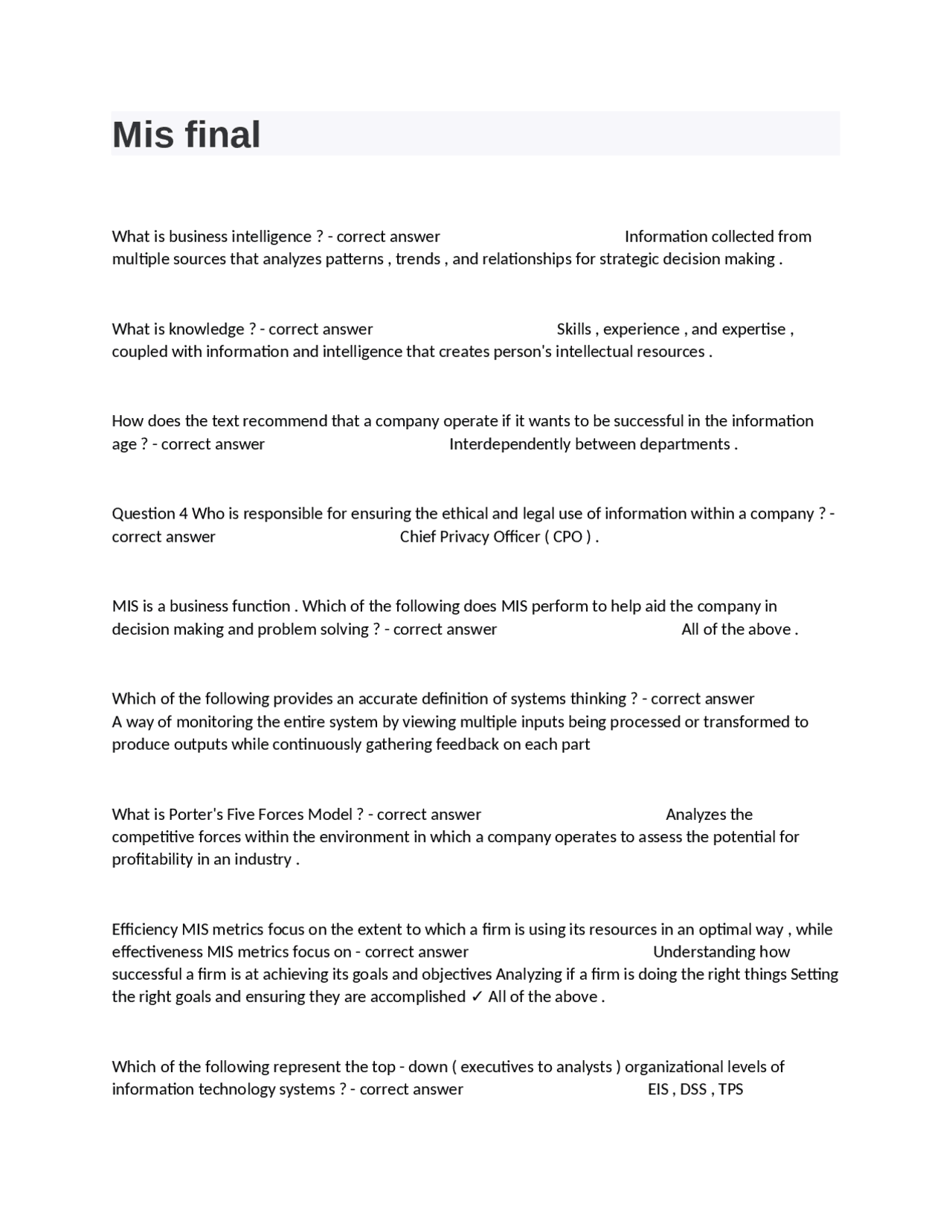 Mis final exam questions with complete answers. | Exams Nursing | Docsity