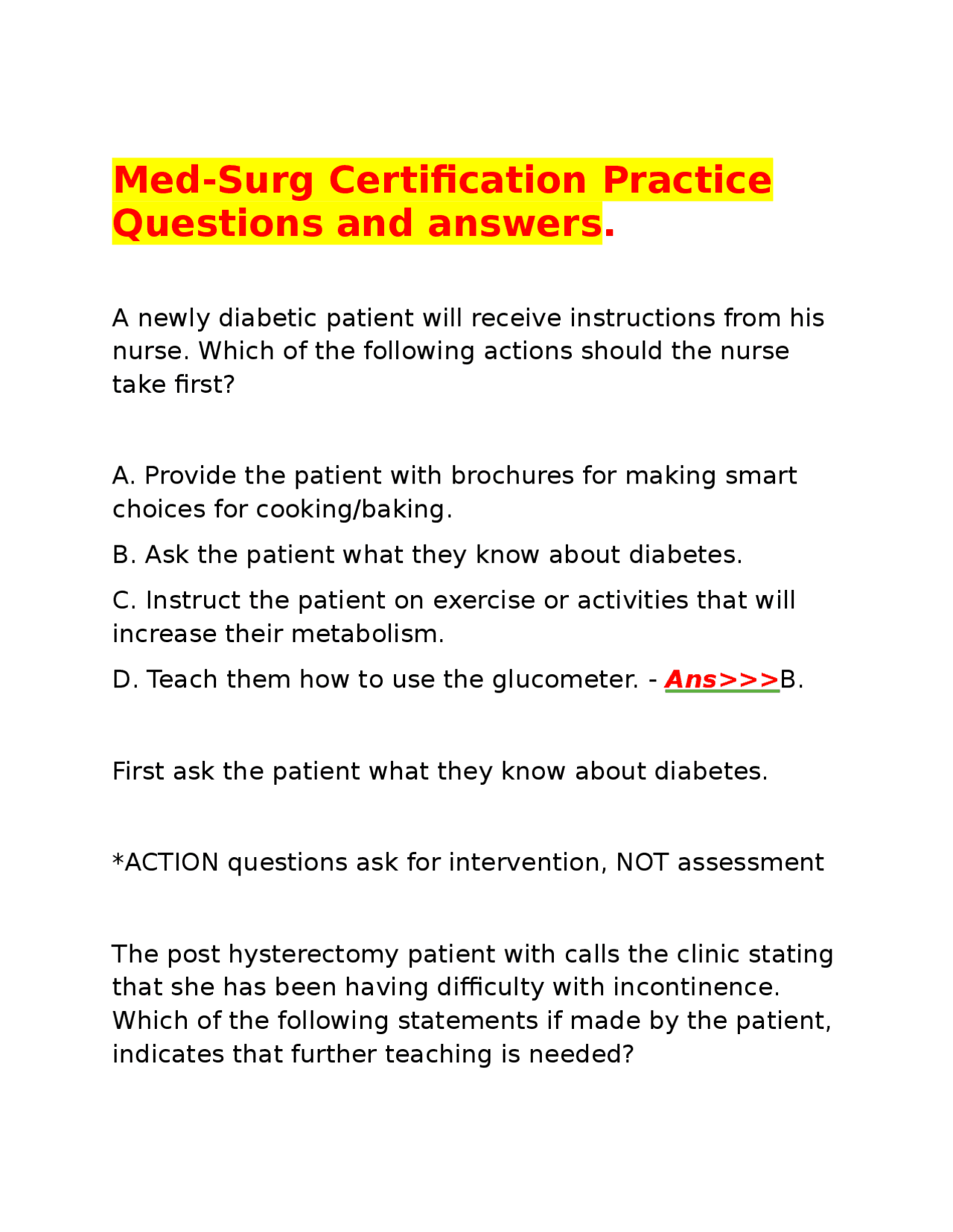 Med-Surg Certification Practice Questions and Answers | Exams Nursing ...