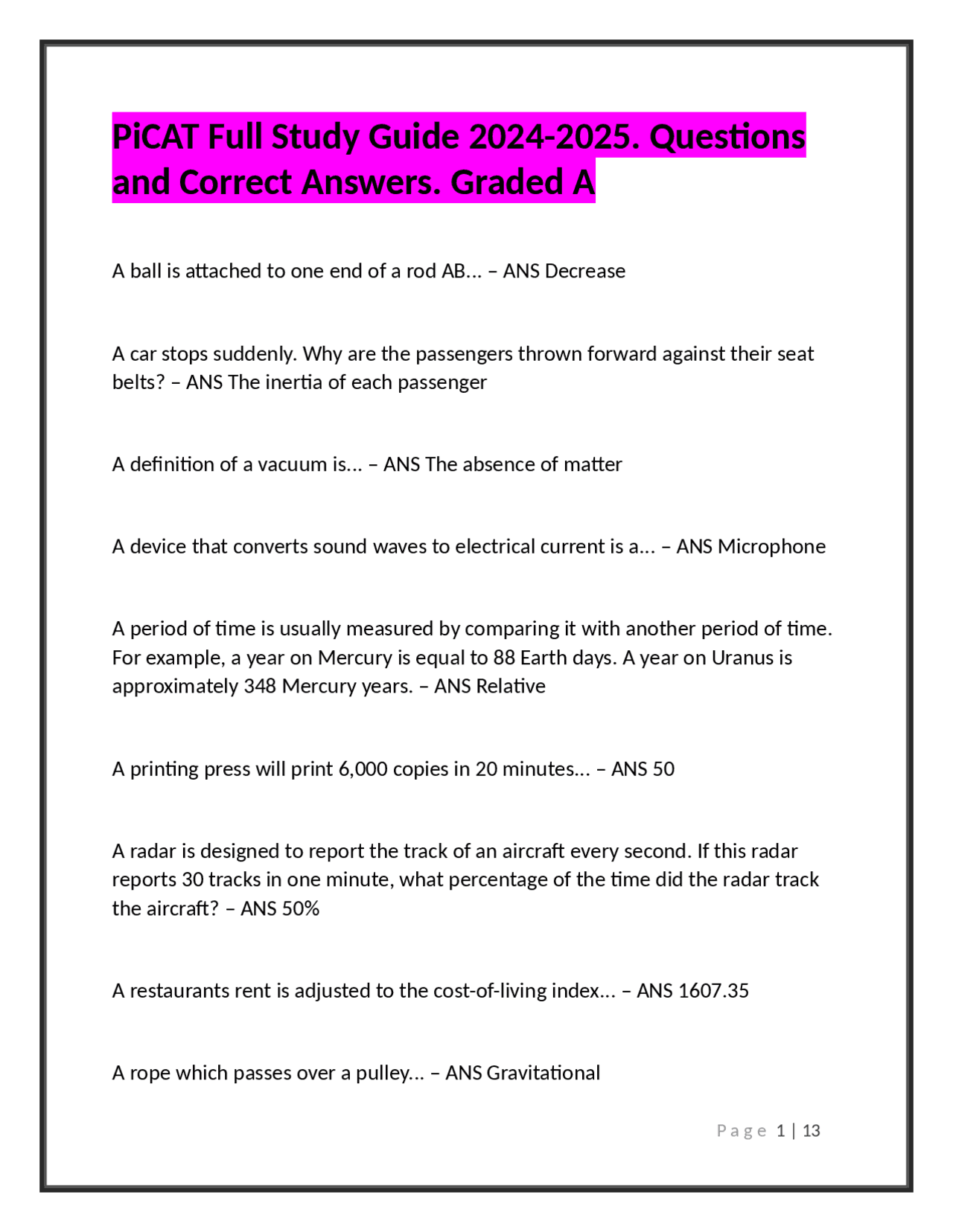 PiCAT Full Study Guide 2024-2025. Questions and Correct Answers. Graded ...