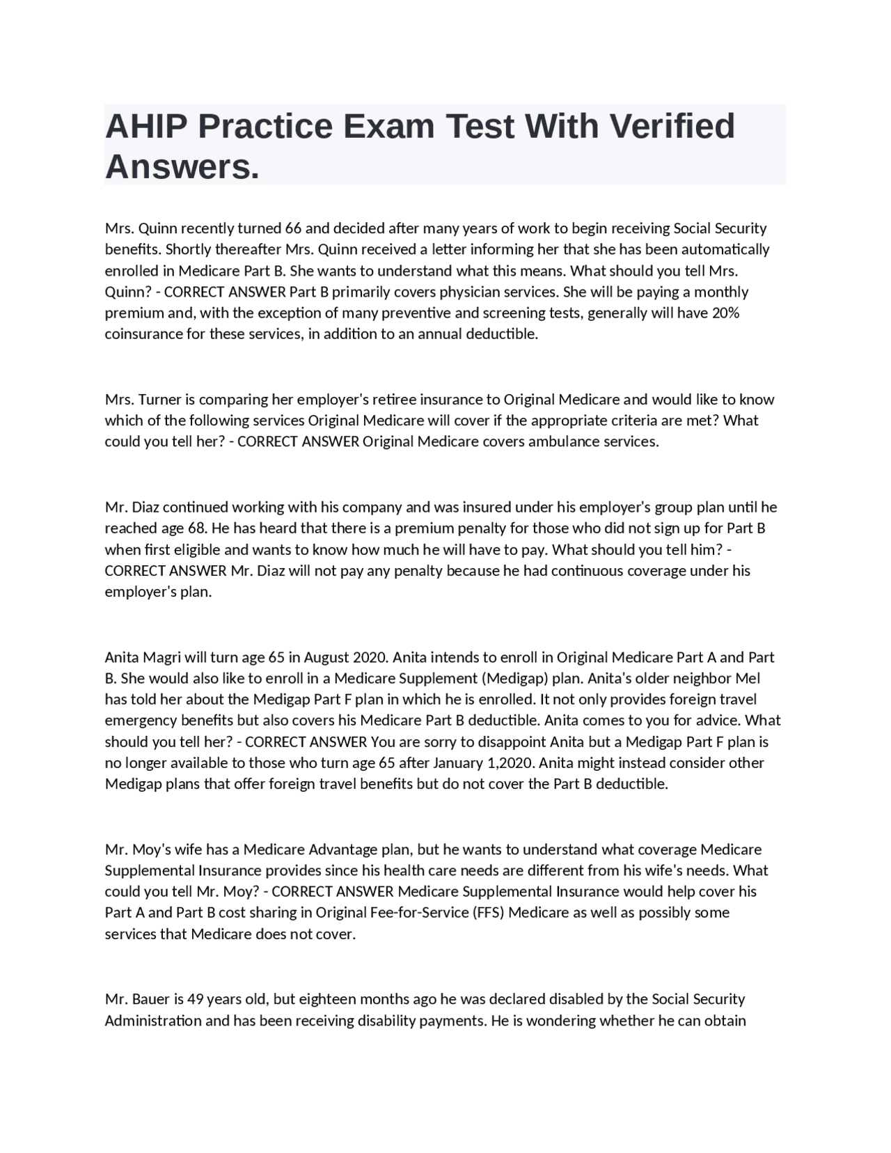 AHIP Practice Exam Test With Verified Answers | Exams Nursing | Docsity